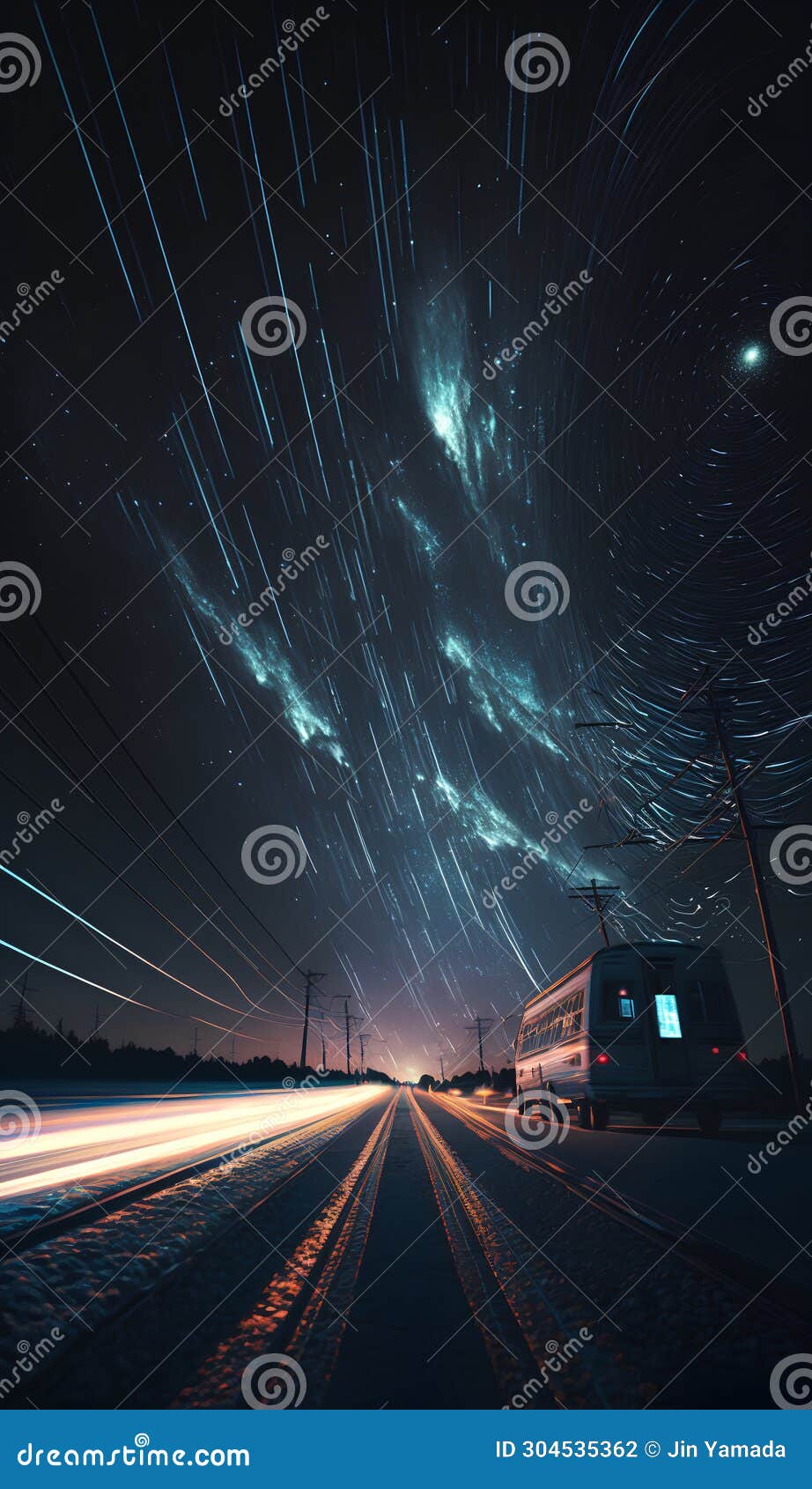 Star Trails on the Road. Night Sky with Stars and Train Stock ...