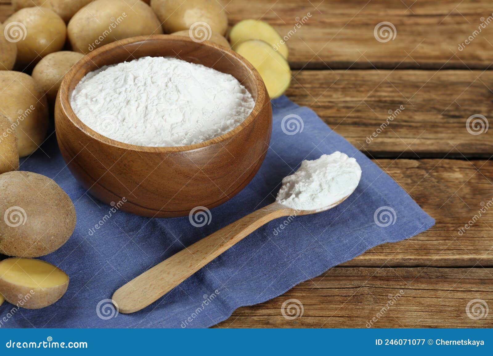 Starch and Fresh Raw Potatoes on Wooden Table Stock Image - Image of ...