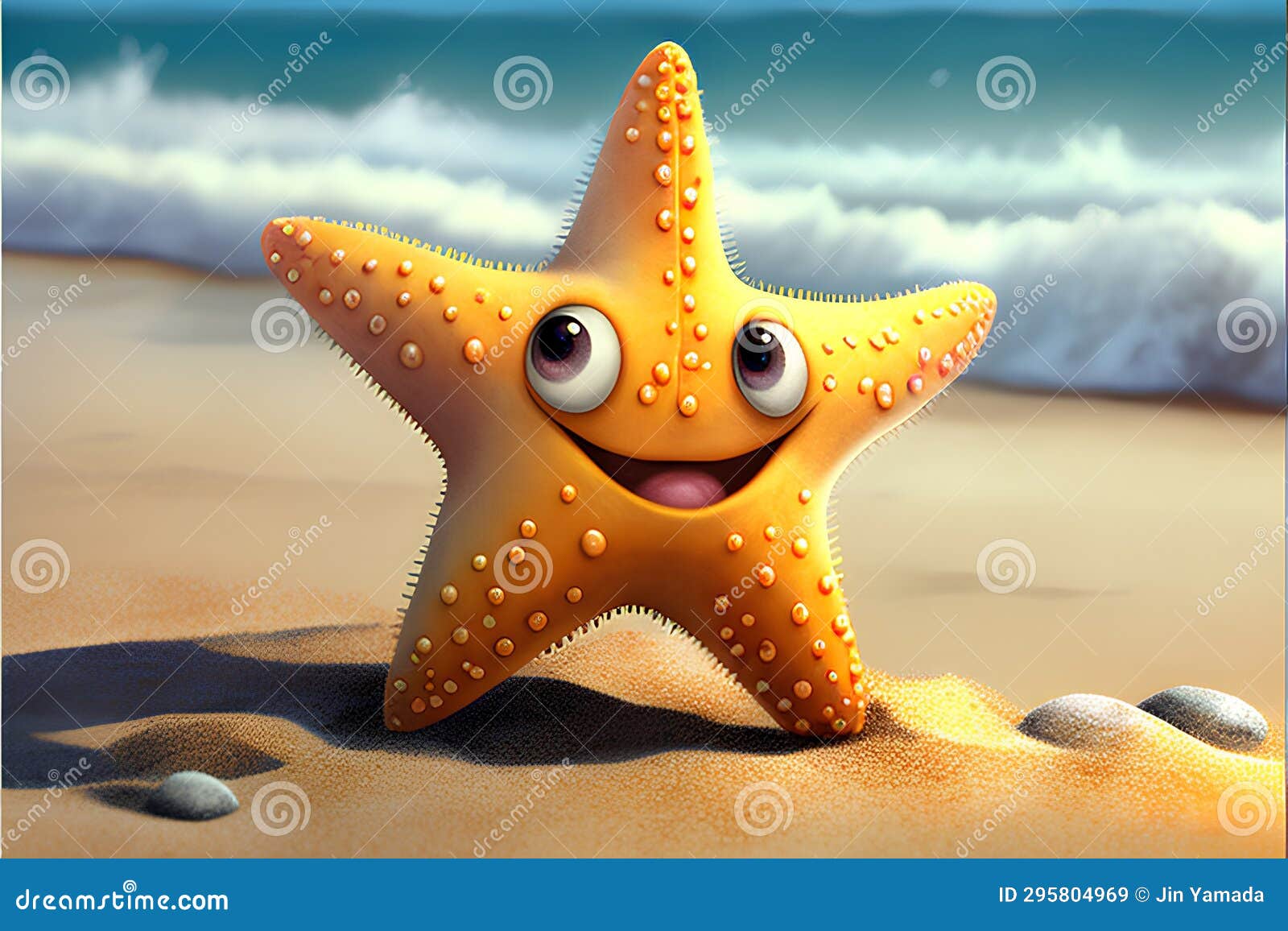 Starfish on the Beach. 3D Render. Cartoon Character Stock Illustration ...