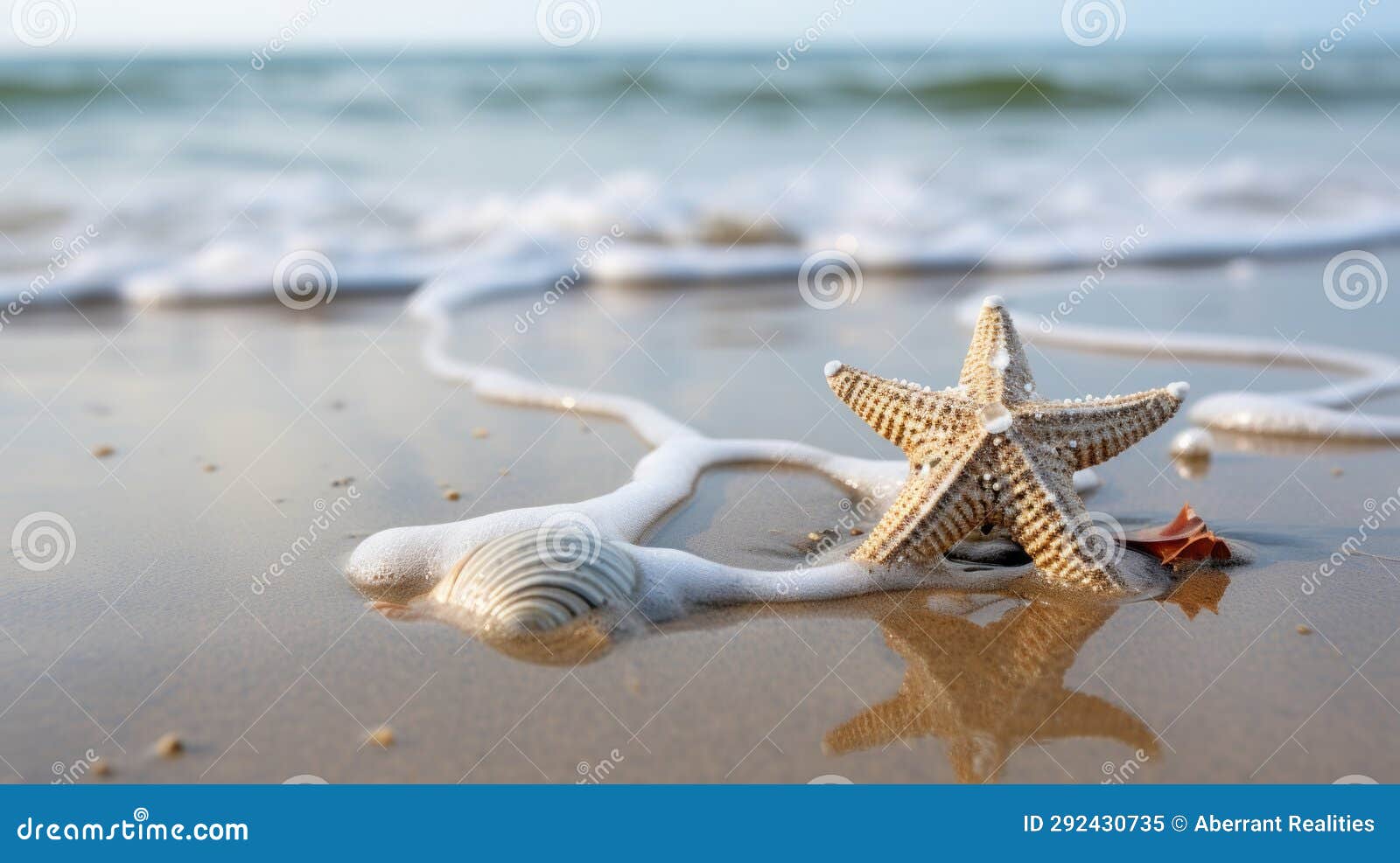 A Starfish on the Beach with Shells and Waves in the Background Stock ...