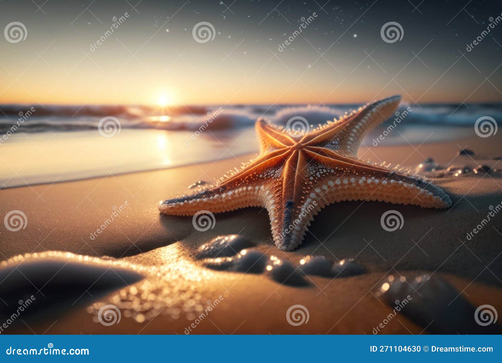 Starfish on Sand Beach and Wave Ocean with Sunset Sky Background ...