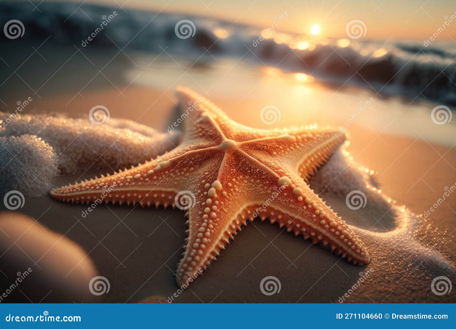 Starfish on Sand Beach and Wave Ocean with Sunset Sky Background ...