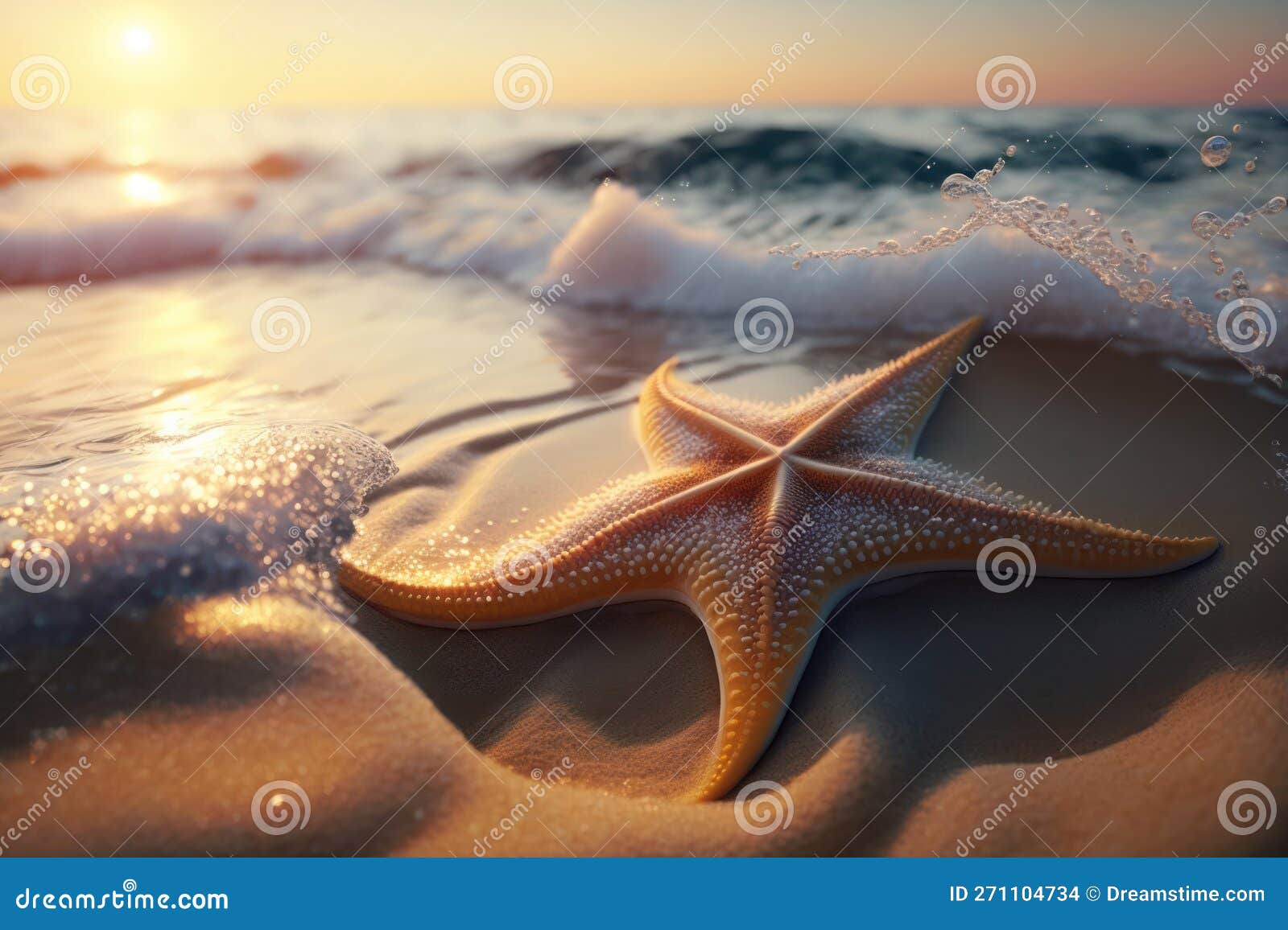 Starfish on Sand Beach and Wave Ocean with Sunset Sky Background ...