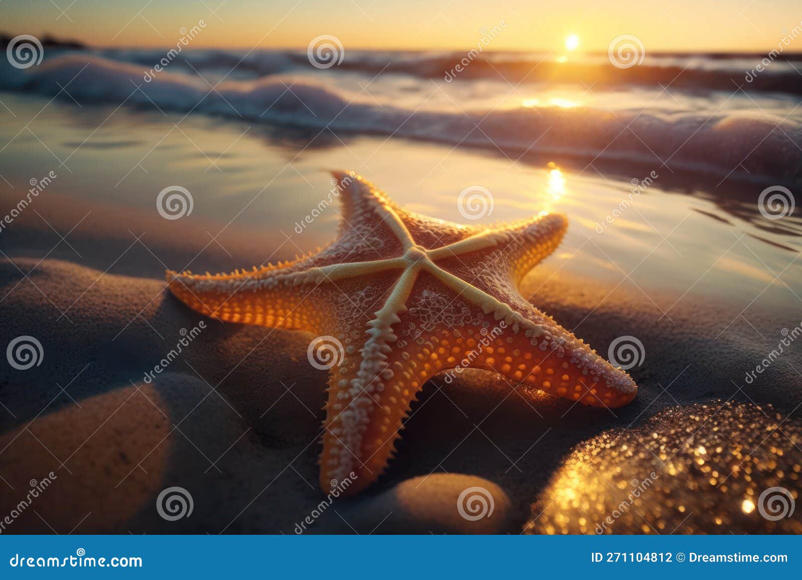 Starfish on Sand Beach and Wave Ocean with Sunset Sky Background ...