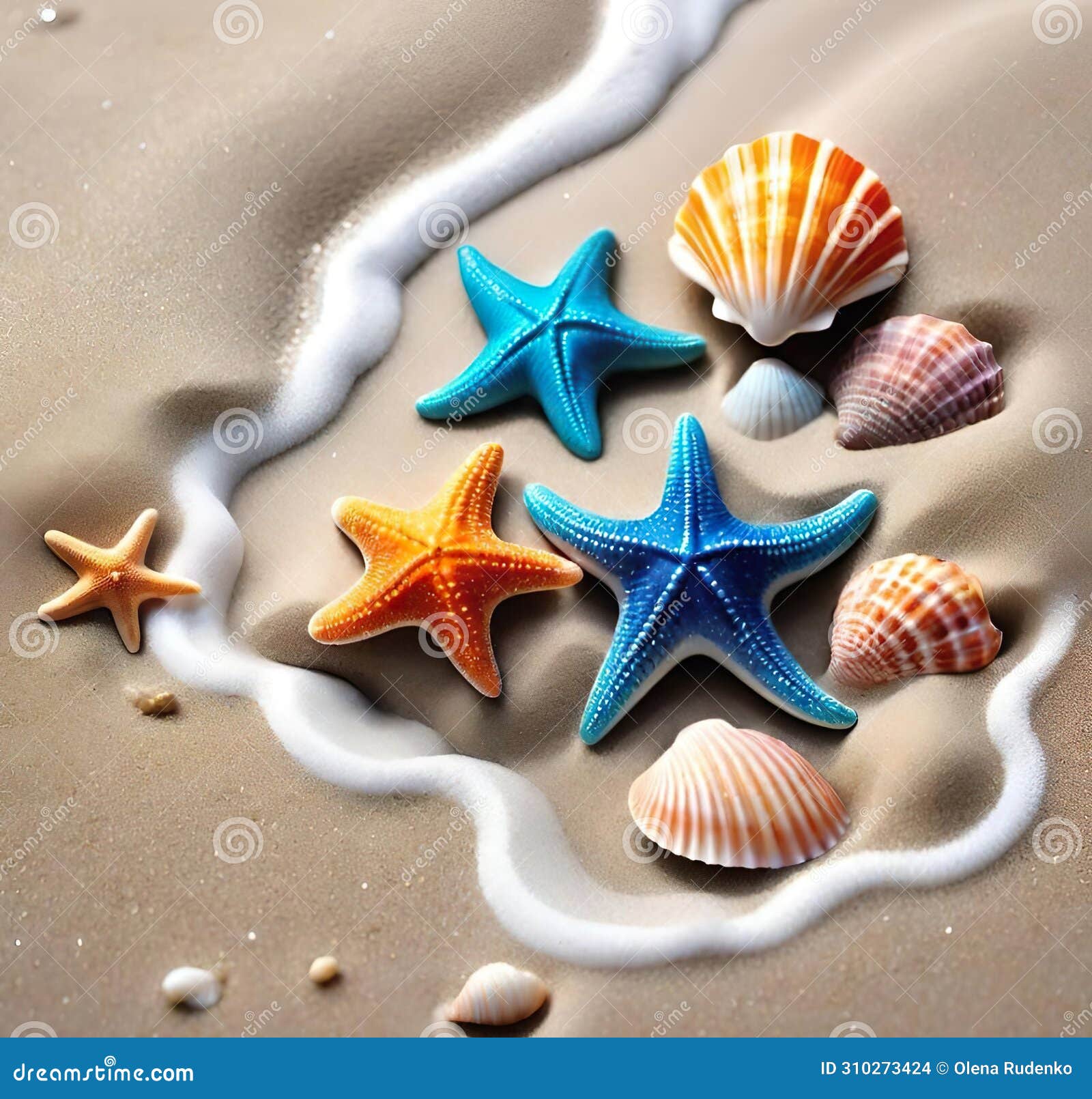 Starfish and Shells on the Beach Stock Illustration - Illustration of ...