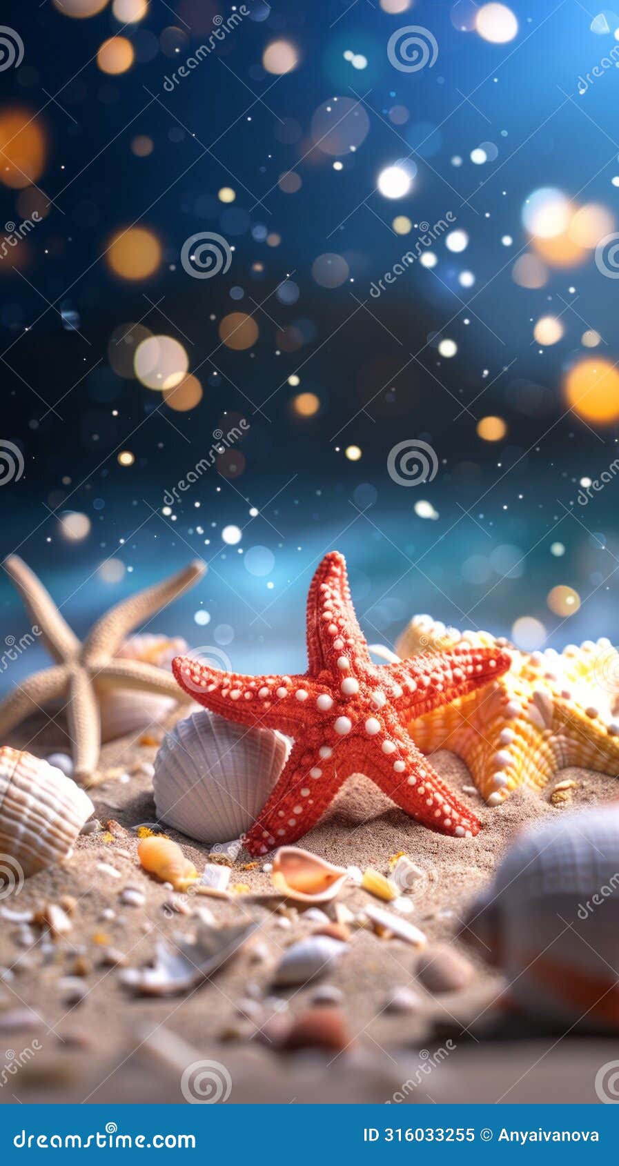 Starfish and Shells on Sandy Beach at Night with Glowing Lights Stock ...