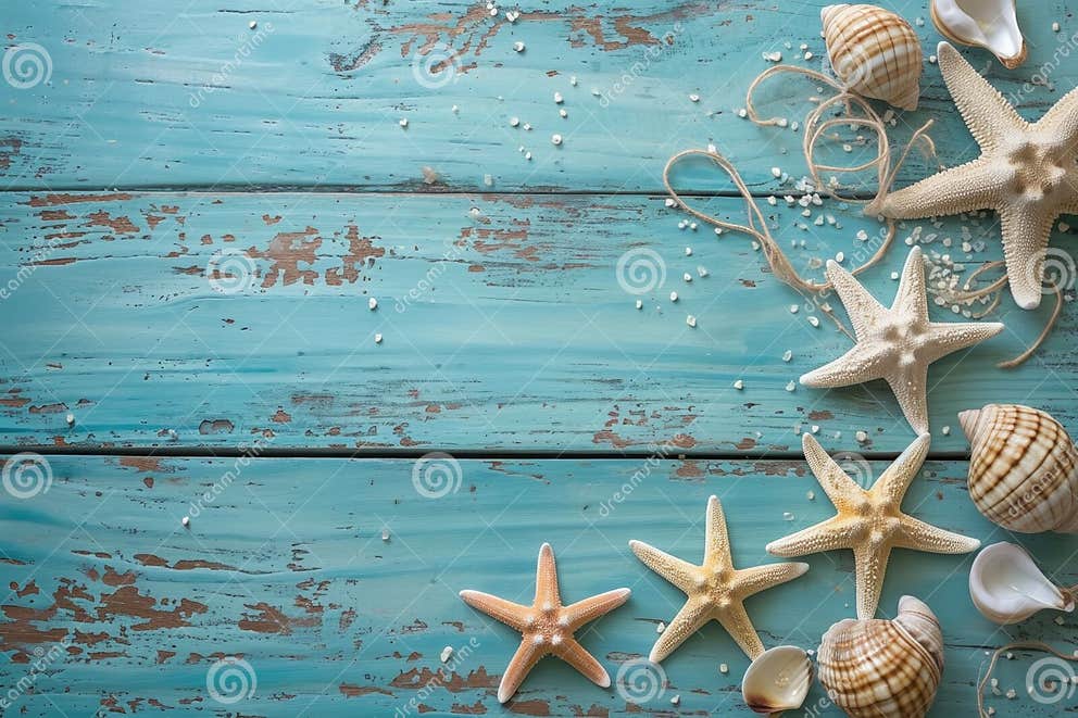 Starfish, Shells, Tiny White Stars on Blue Background Stock ...