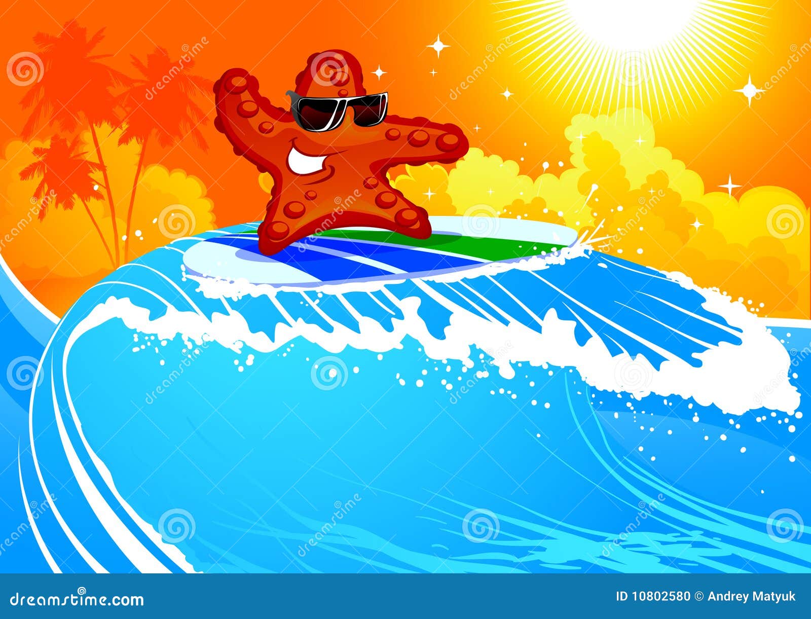 Starfish on surf stock vector. Illustration of palm, cloud - 10802580