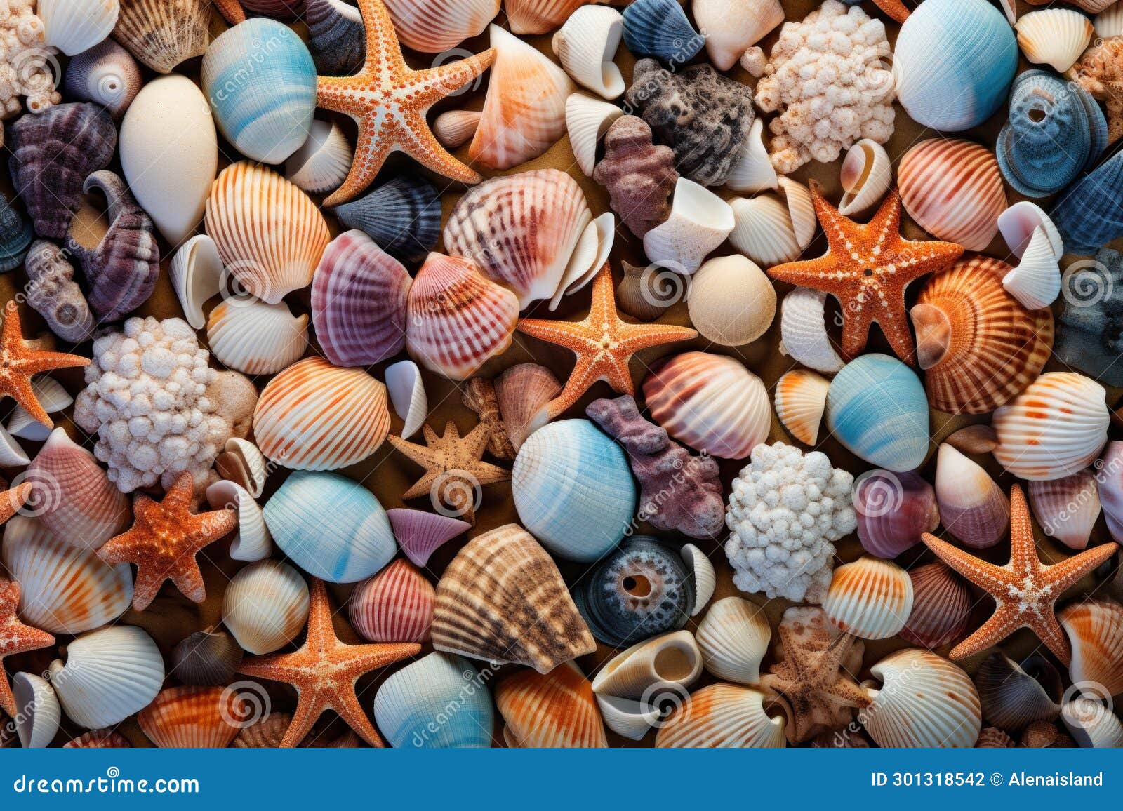 Starfish and Various Seashells Macro Background. Sshells Have Different ...