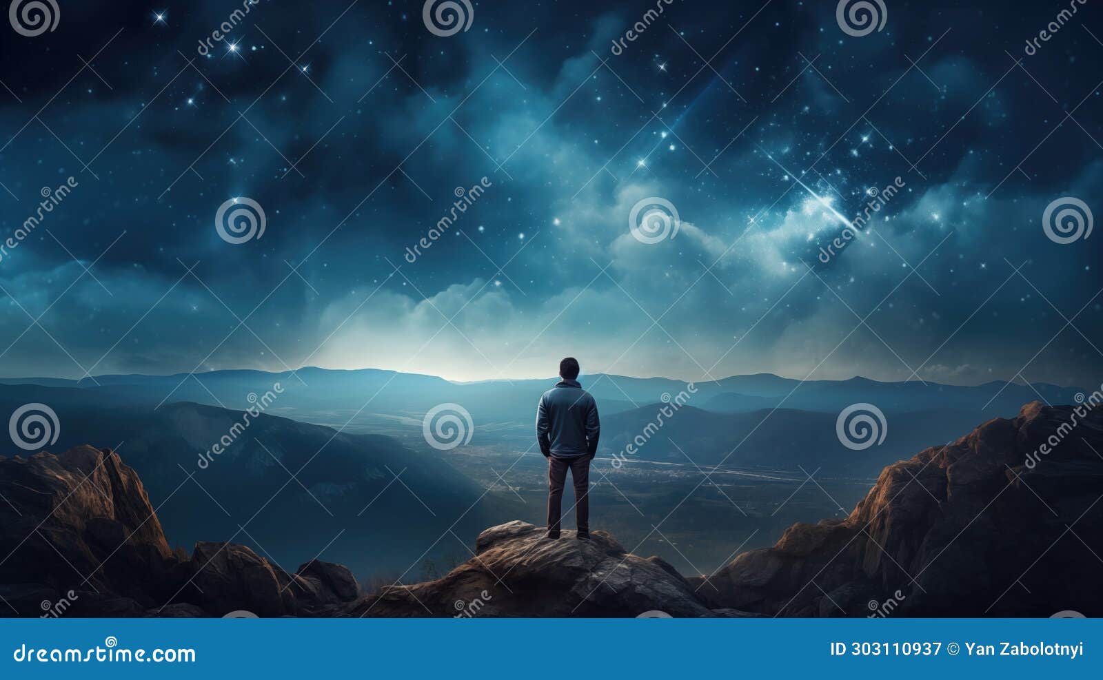 Stargazing on a High Rock Man Mesmerized by the Night Sky Stock ...