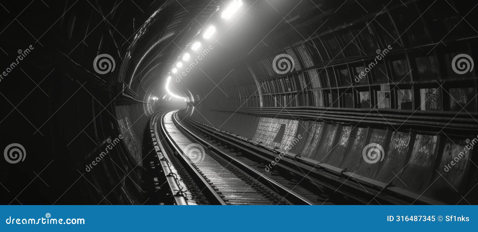 A Stark Black and White Image Capturing the Depth of a Subway Tunnel ...