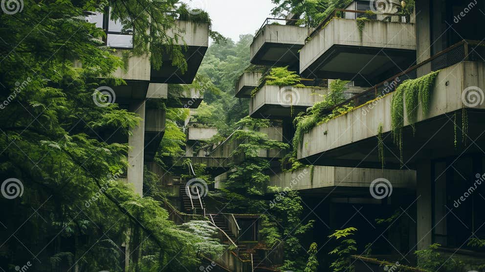 A Stark Contrast between Nature and Brutalist Architecture Stock Illustration - Illustration of ...
