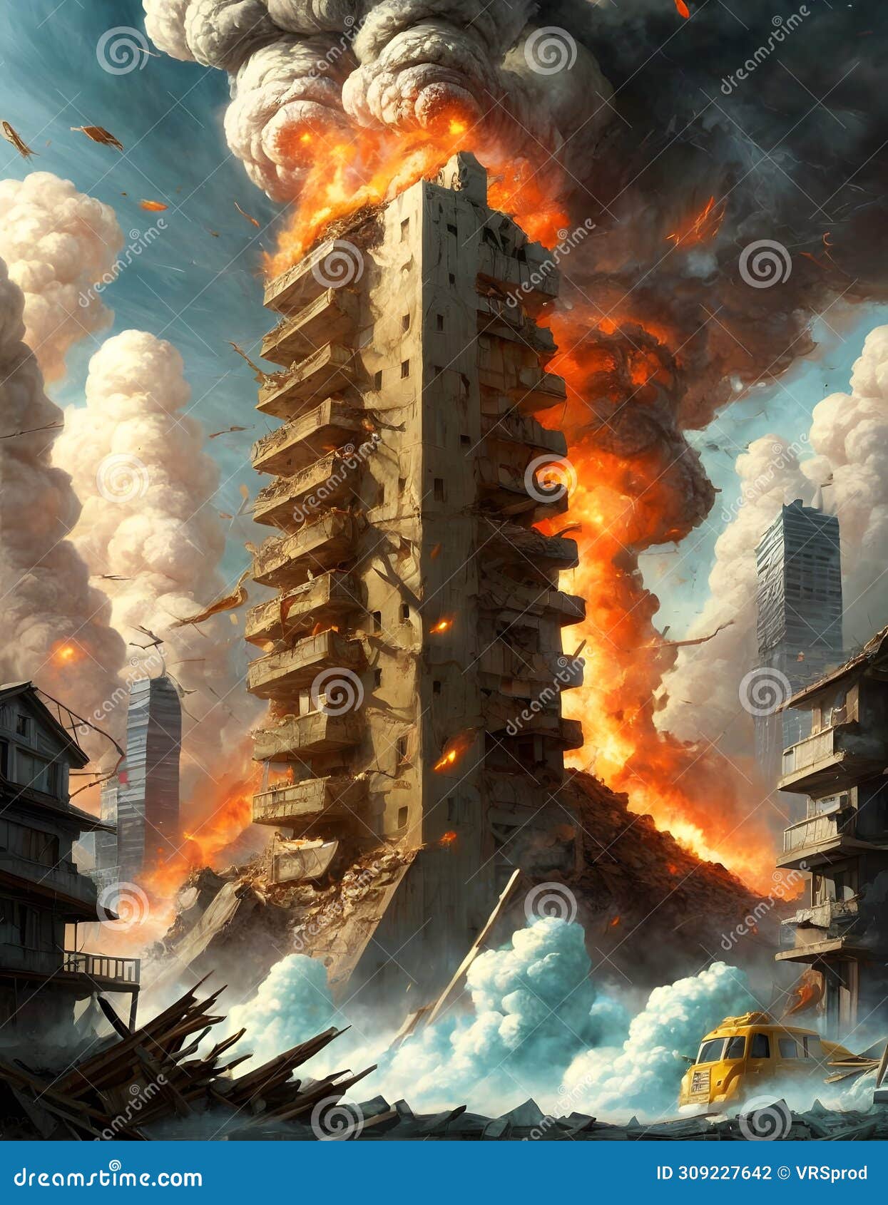 Fiery Demolition of Coastal Tower Stock Photo - Image of collapse ...
