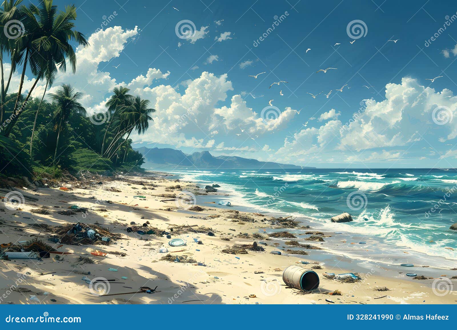 A Stark Realistic Image Of A Beach Polluted With Garbage, Highlighting ...