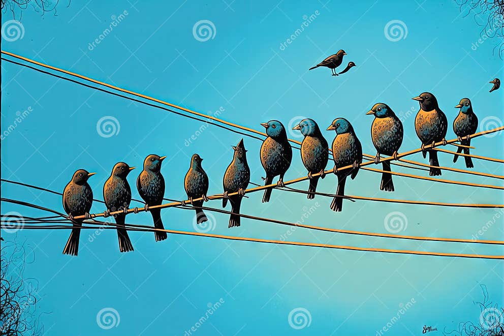 Starlings on a Phone Line Against a Blue Sky Stock Illustration ...