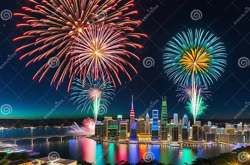 Starry Cascade: Fireworks Exploding in a Star-Filled Night Sky, Vibrant ...