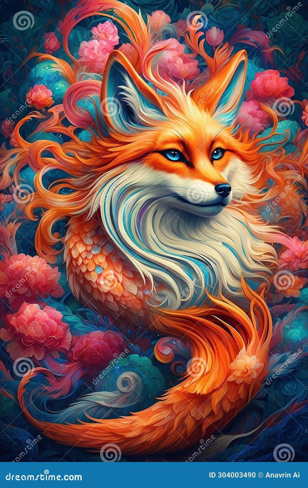 Mythical Japanese Fox Spirit With Nine Tails Sitting By Torii Gate ...