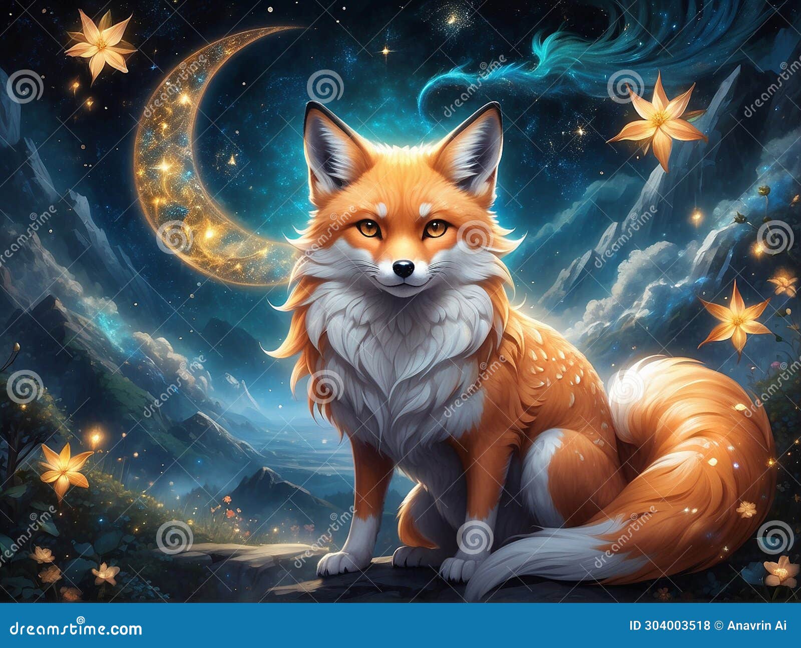 A Starry-eyed Immaculate Kitsune. Japanese Folklore. AI Generated Stock ...