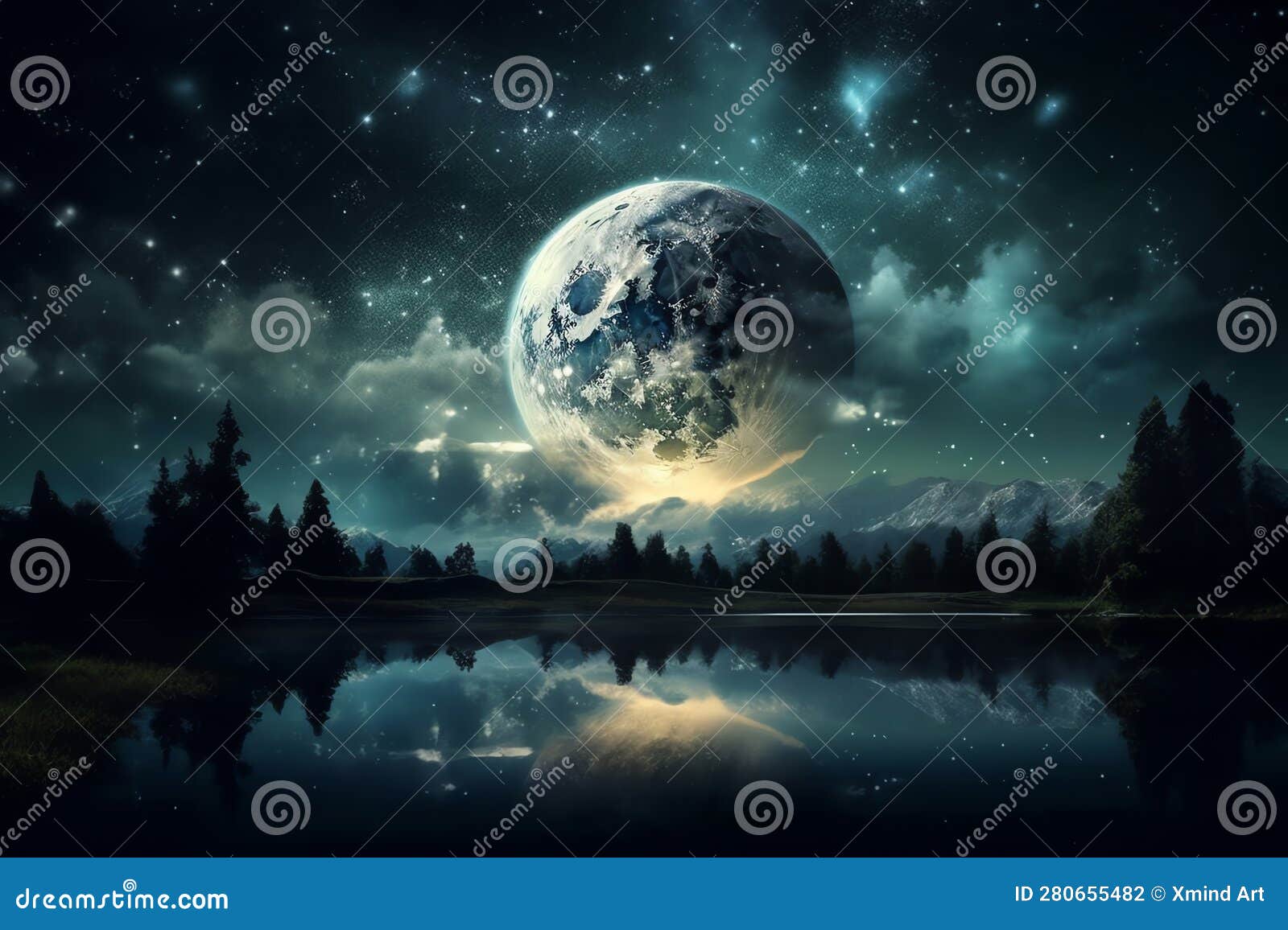 Starry Nigh with Full Moon in Lake with Water Reflection Ai Generated ...