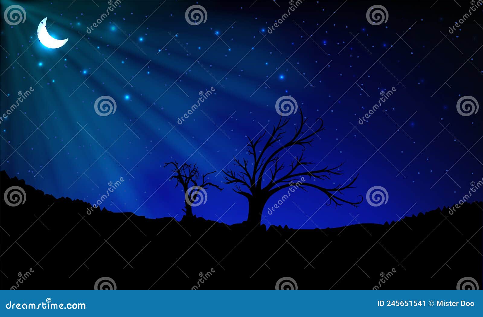 Starry Night Background with Crescent Moon, Tree and Grass Silhouette ...