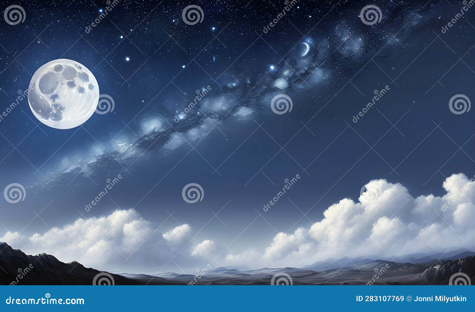 Starry Night, Clouds, Moon, Moonlight Stock Illustration - Illustration ...