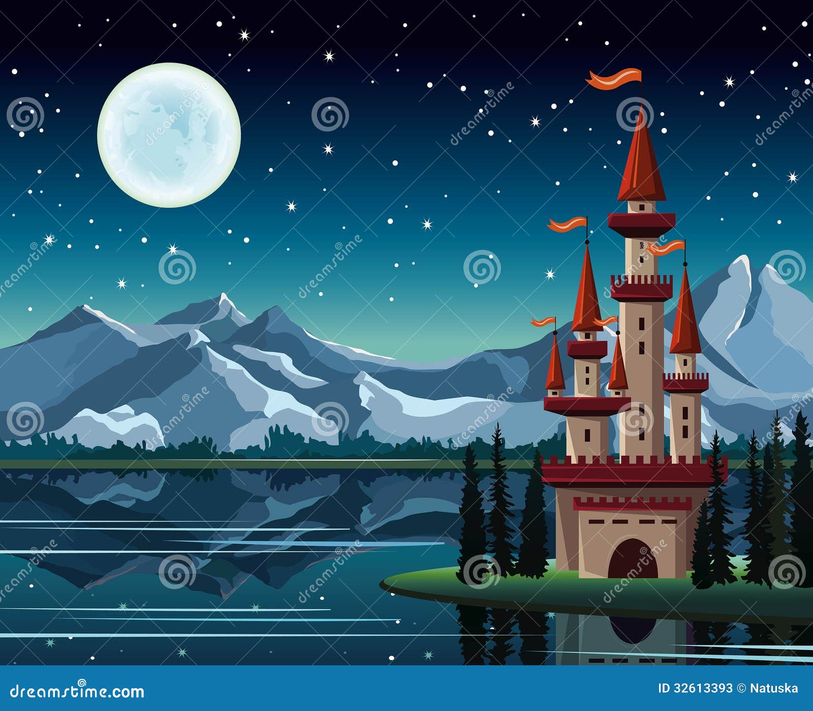 Starry Night with Full Moon and Castle Stock Illustration ...