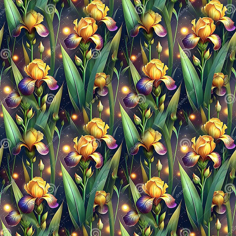 Starry Night Iris Flower Pattern Stock Illustration - Illustration of ...