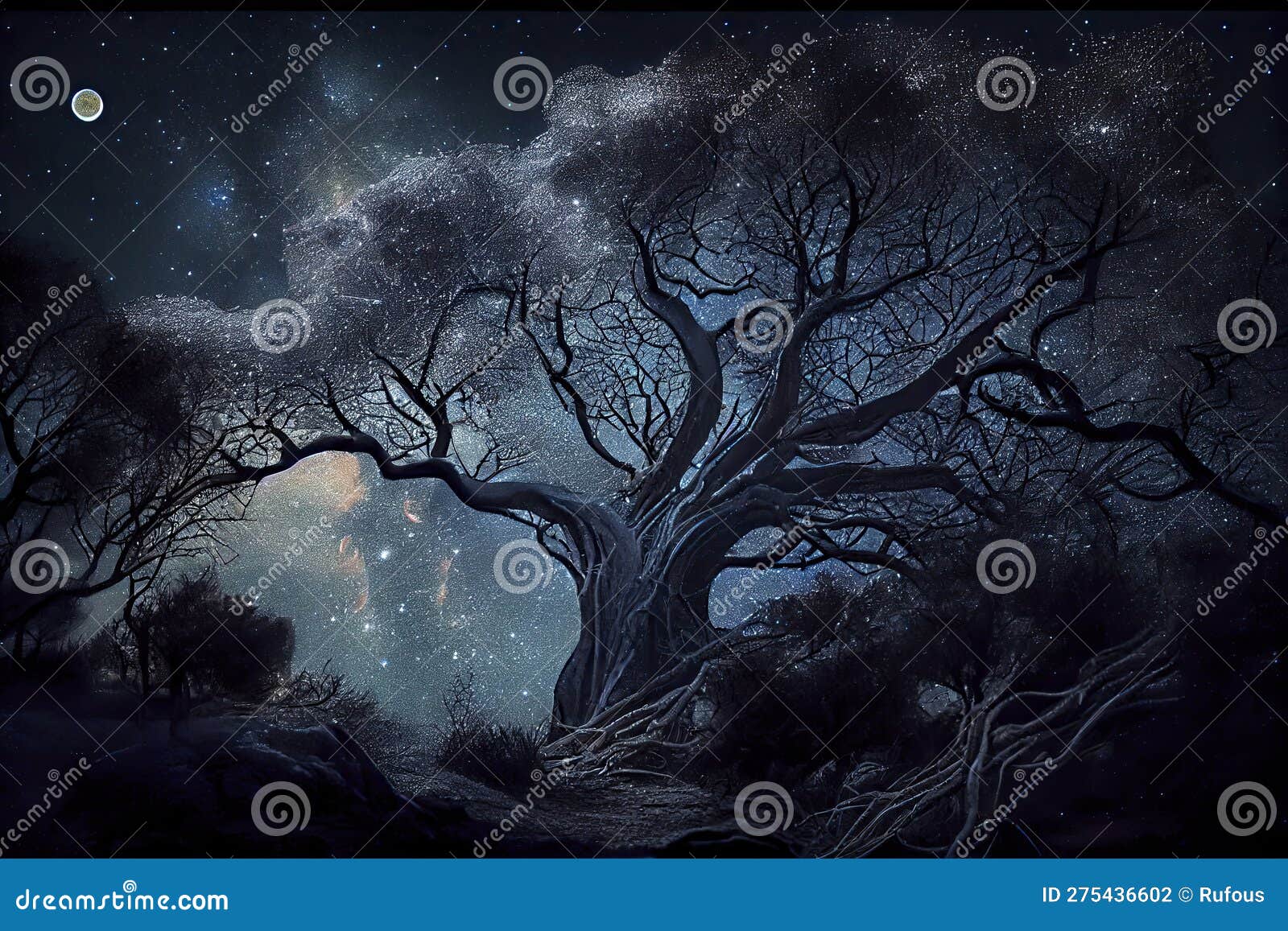 Starry Night with Lonely Tree Stock Illustration - Illustration of ...