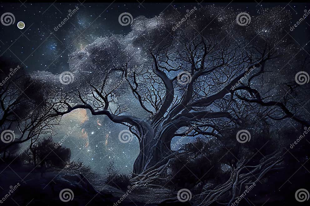 Starry Night with Lonely Tree Stock Illustration - Illustration of ...