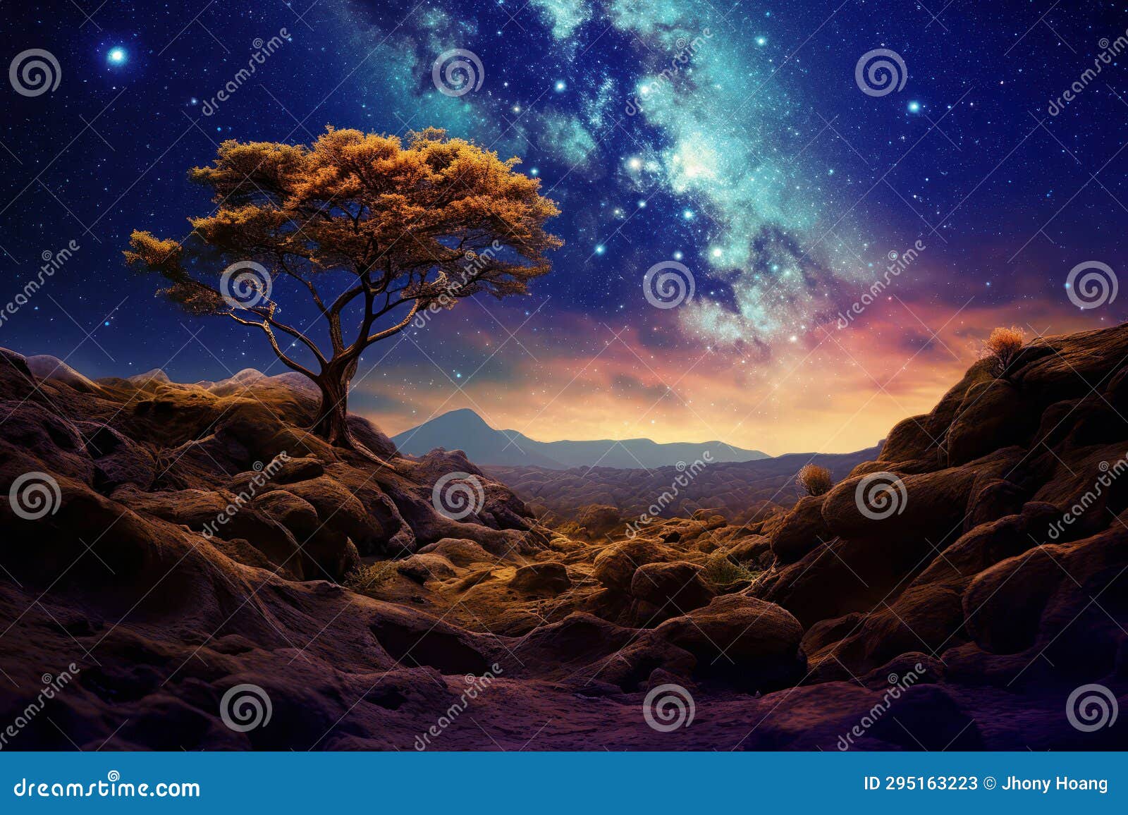 Starry Night with Lonely Tree Stock Illustration - Illustration of ...