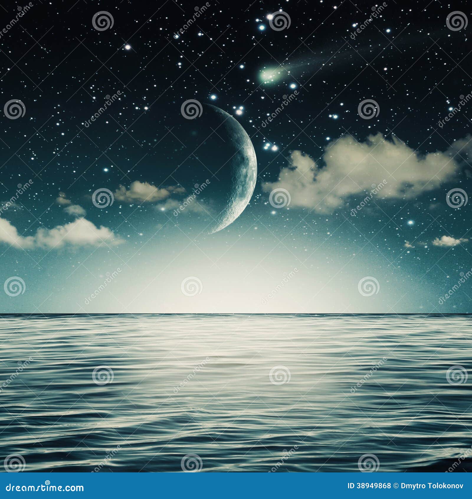 Starry night on the ocean stock illustration. Illustration of cloudy ...