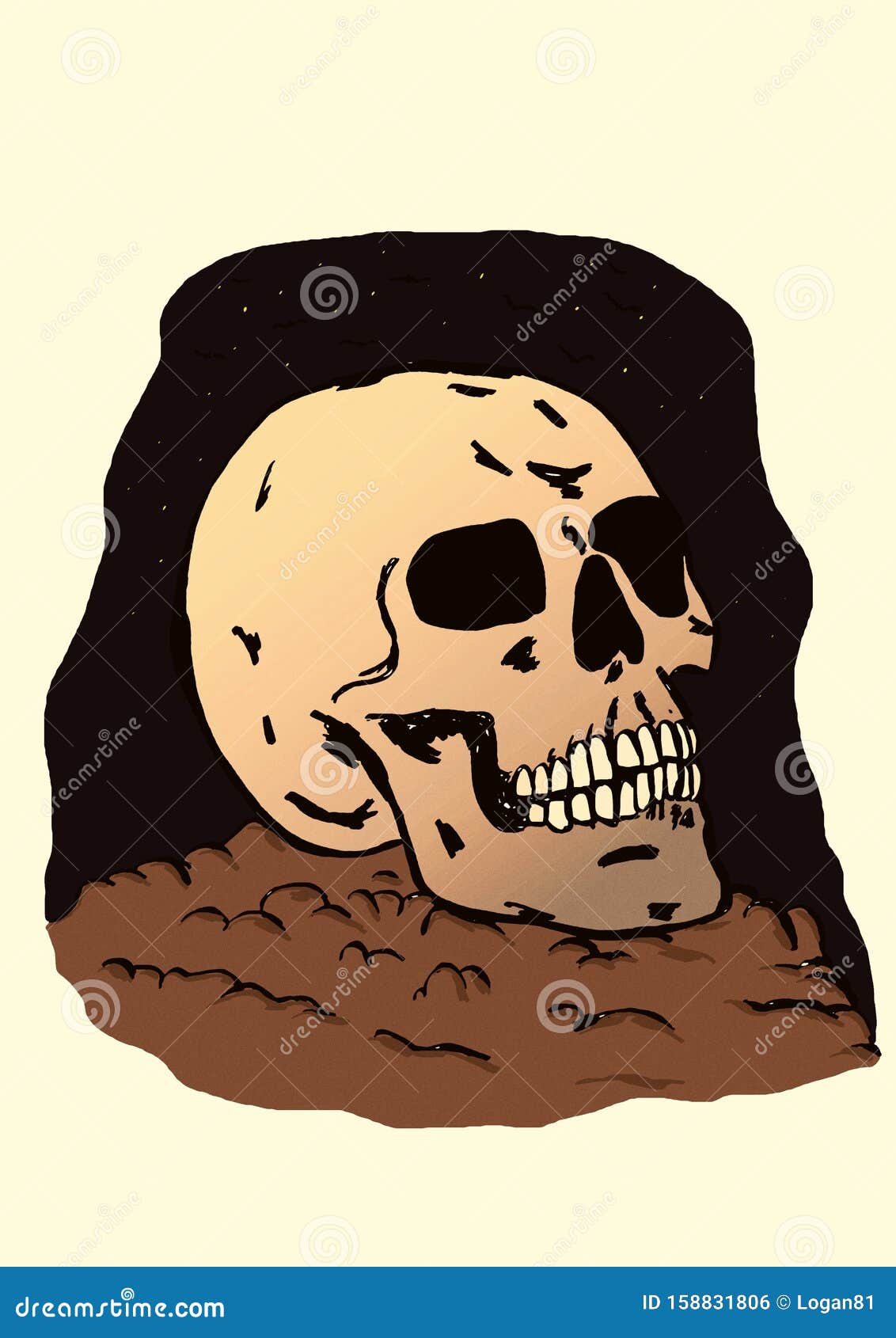 Starry Night and Skull Head Stock Illustration - Illustration of scary ...