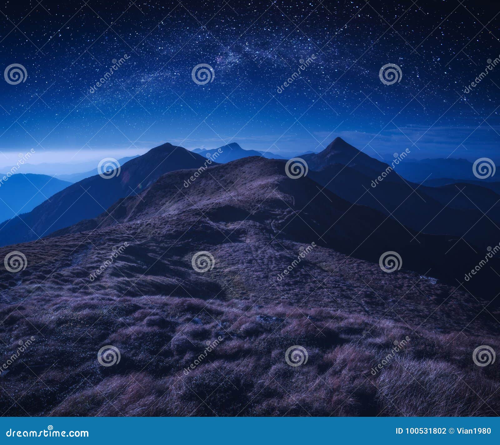 Starry Night Sky Above the Mountain Ridge Stock Photo - Image of spring ...