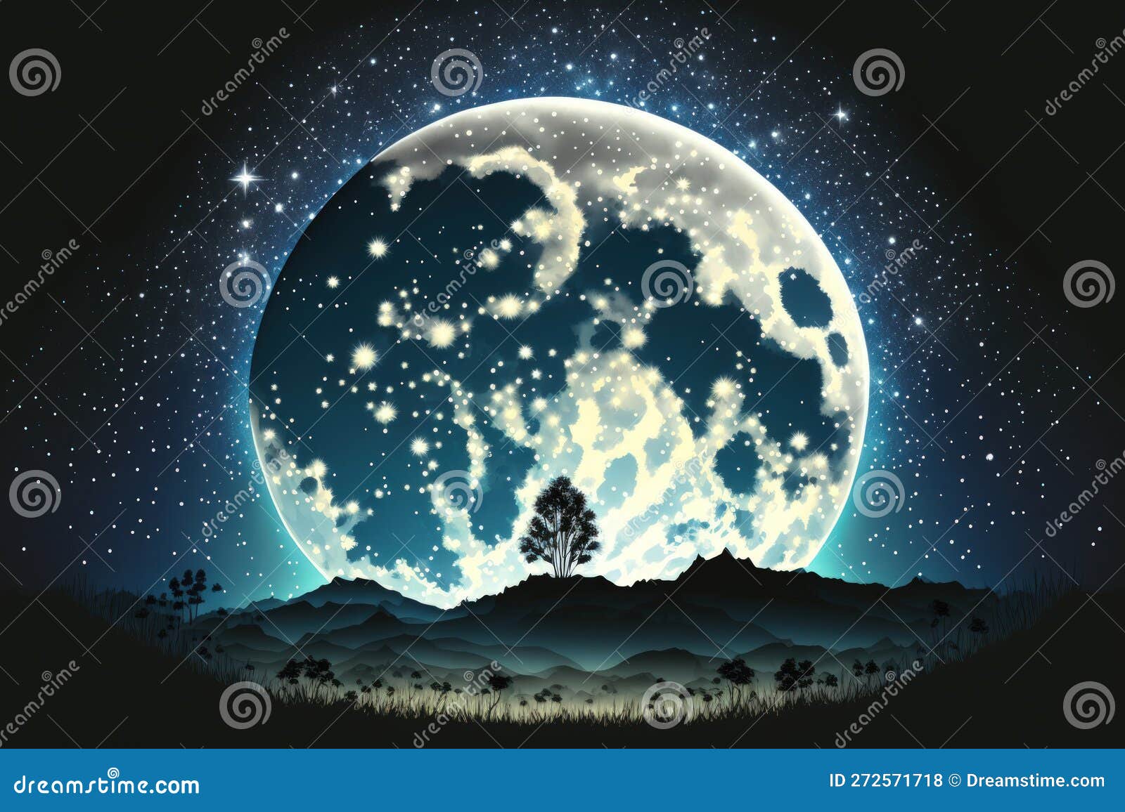 Starry Night Sky with a Full Moon in the Distance Stock Illustration ...
