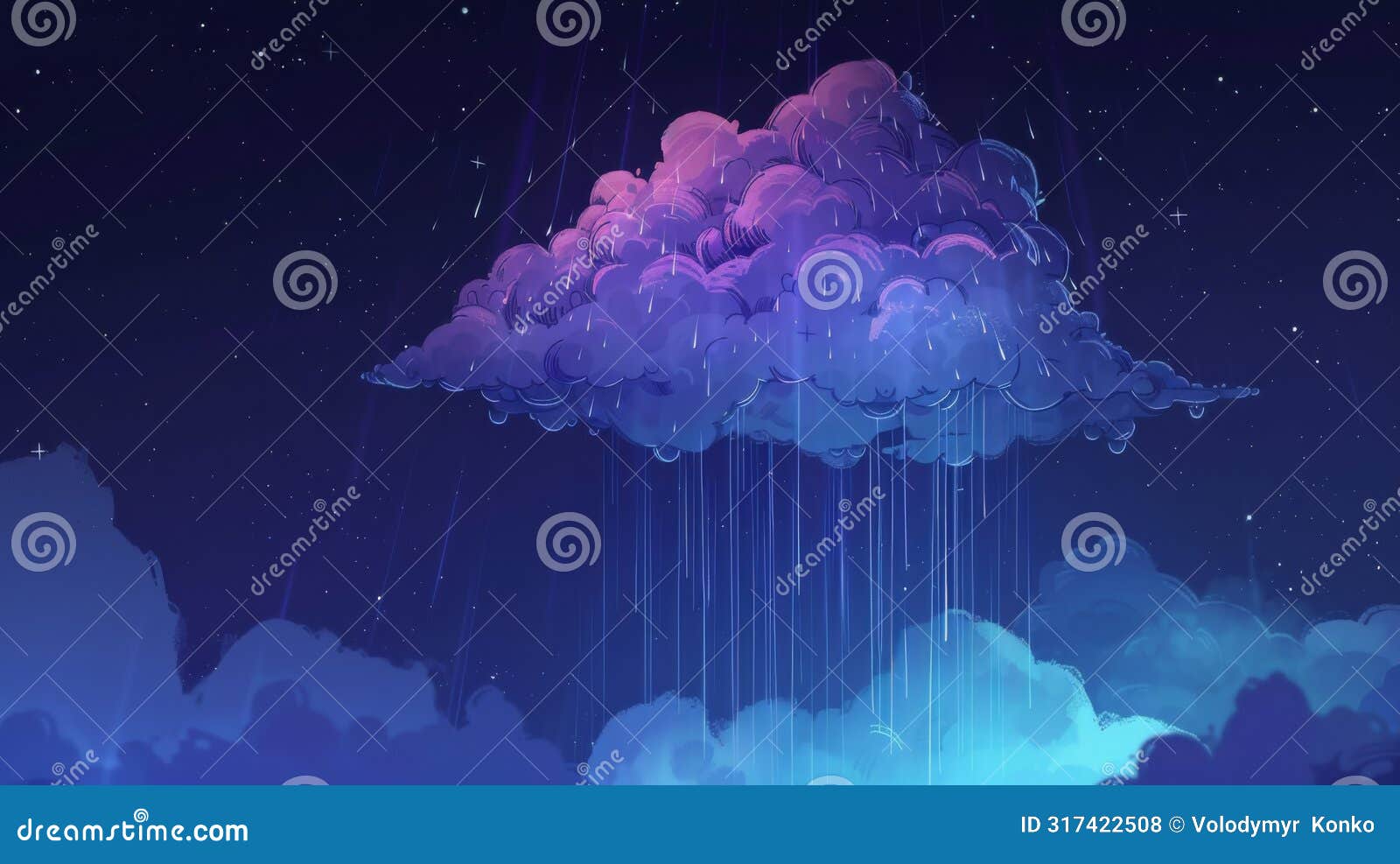Starry Night Sky with Glowing Purple Clouds and Rain Stock Photo ...