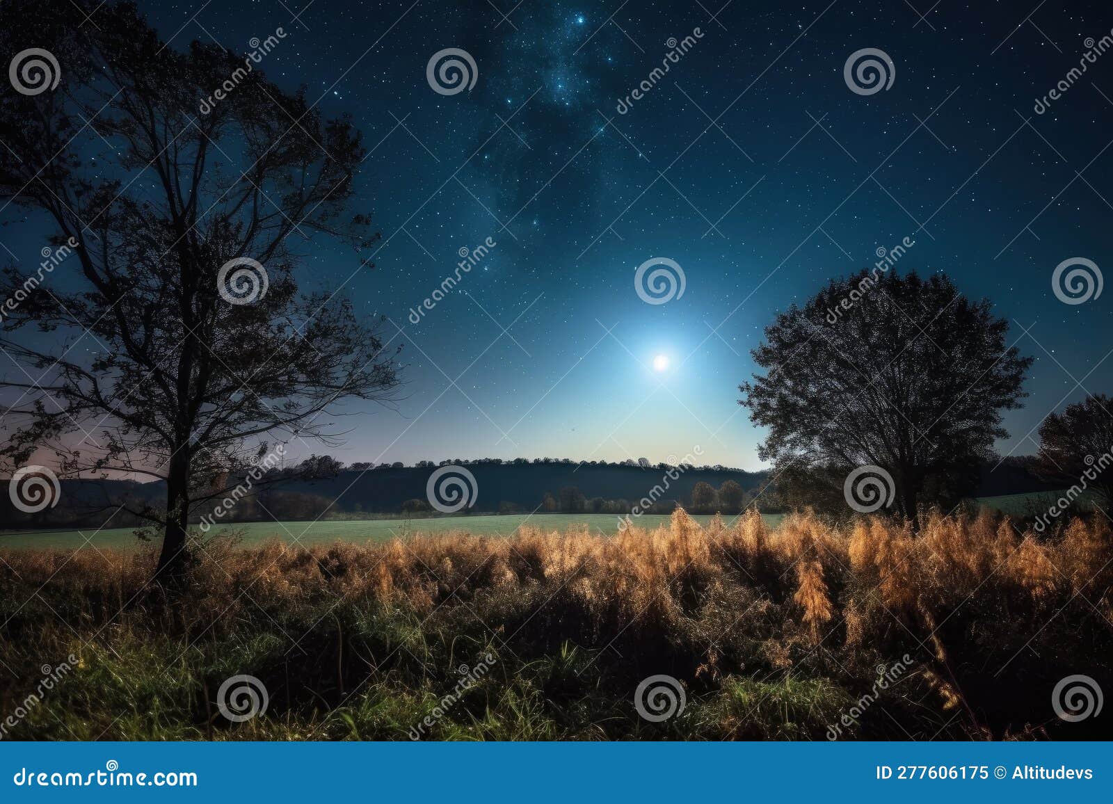 Starry Night Sky with the Harvest Moon Shining Bright Stock ...
