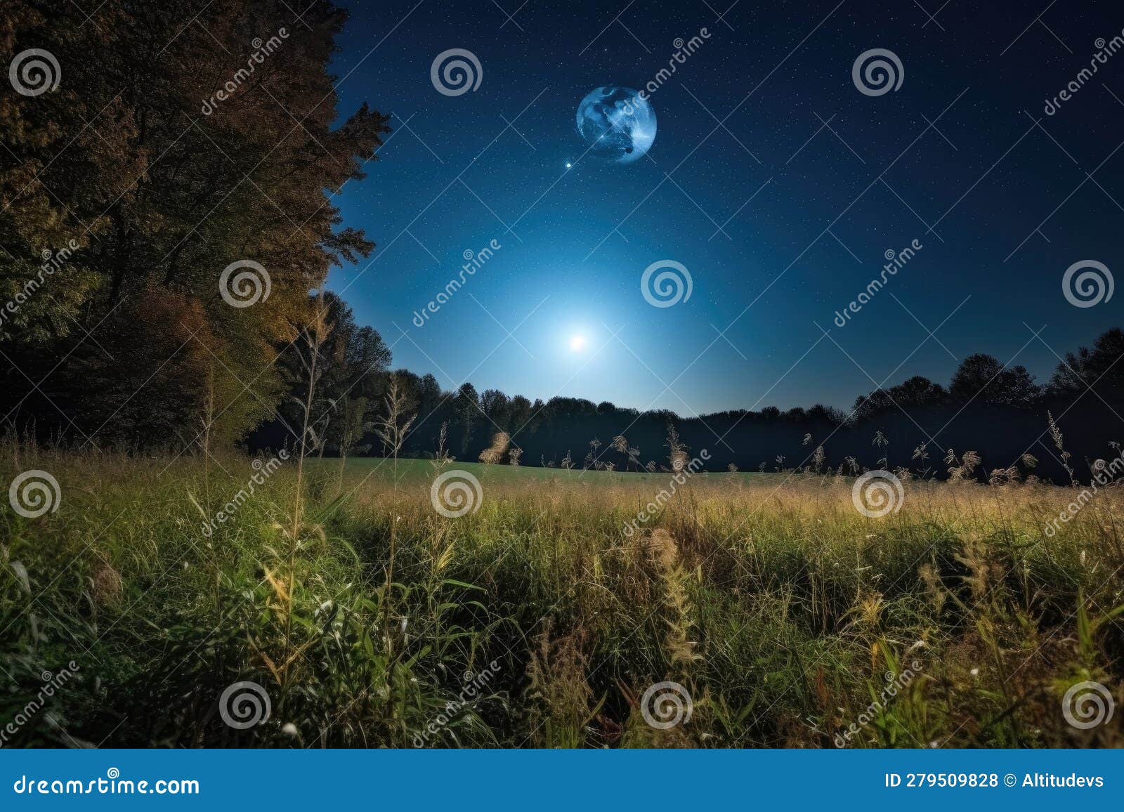 Starry Night Sky with the Harvest Moon Shining Bright Stock Photo ...