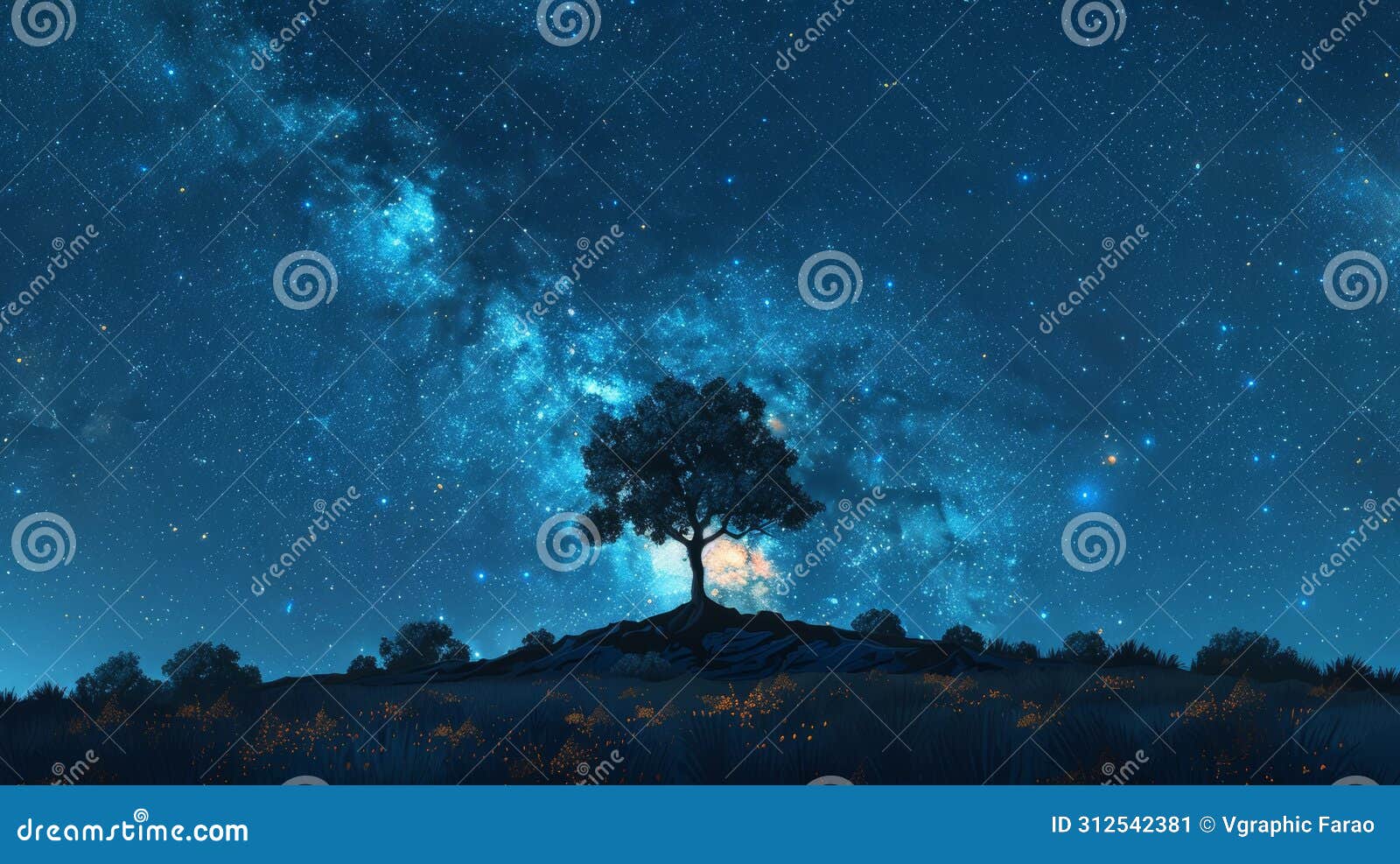 Starry Night Sky with an Isolated Tree on a Hill Stock Image - Image of ...