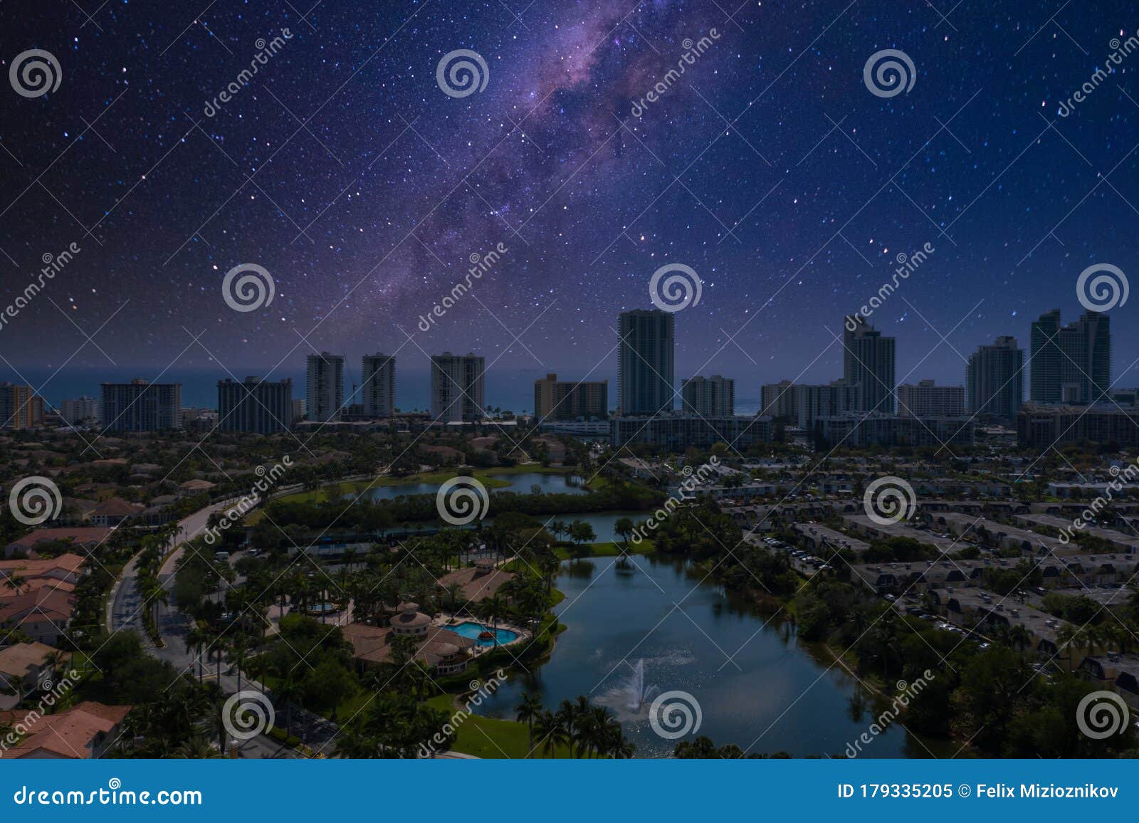 Starry night sky over city stock image. Image of lake - 179335205
