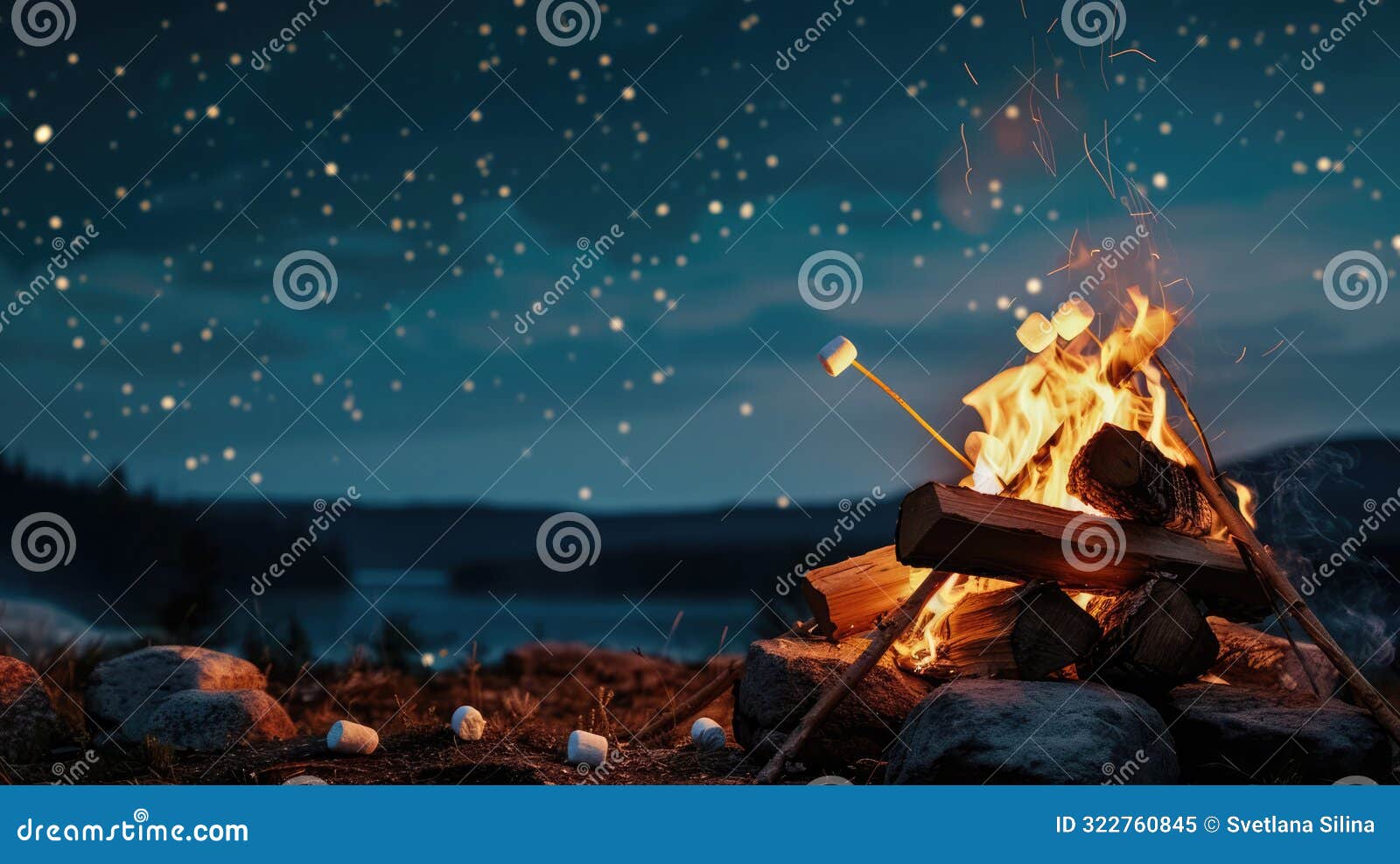 Starry Night Sky Over a Cozy Bonfire Setup with Marshmallows on Sticks ...