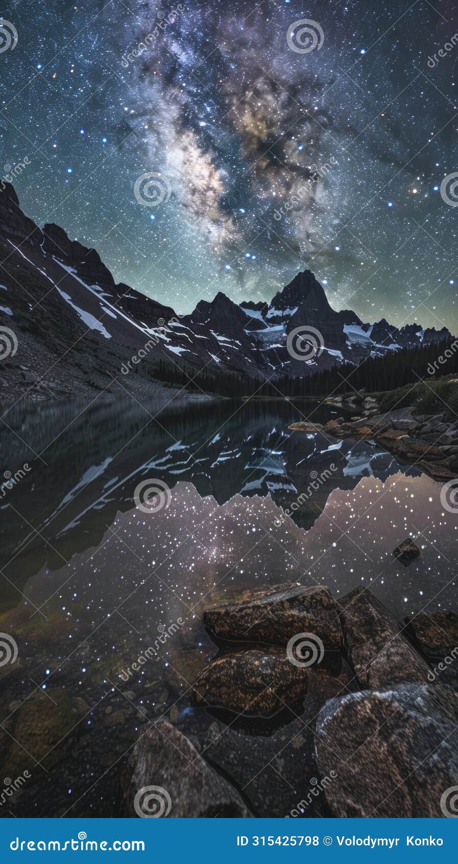 Starry Night Sky Over Mountain Lake with Reflections Stock Photo ...