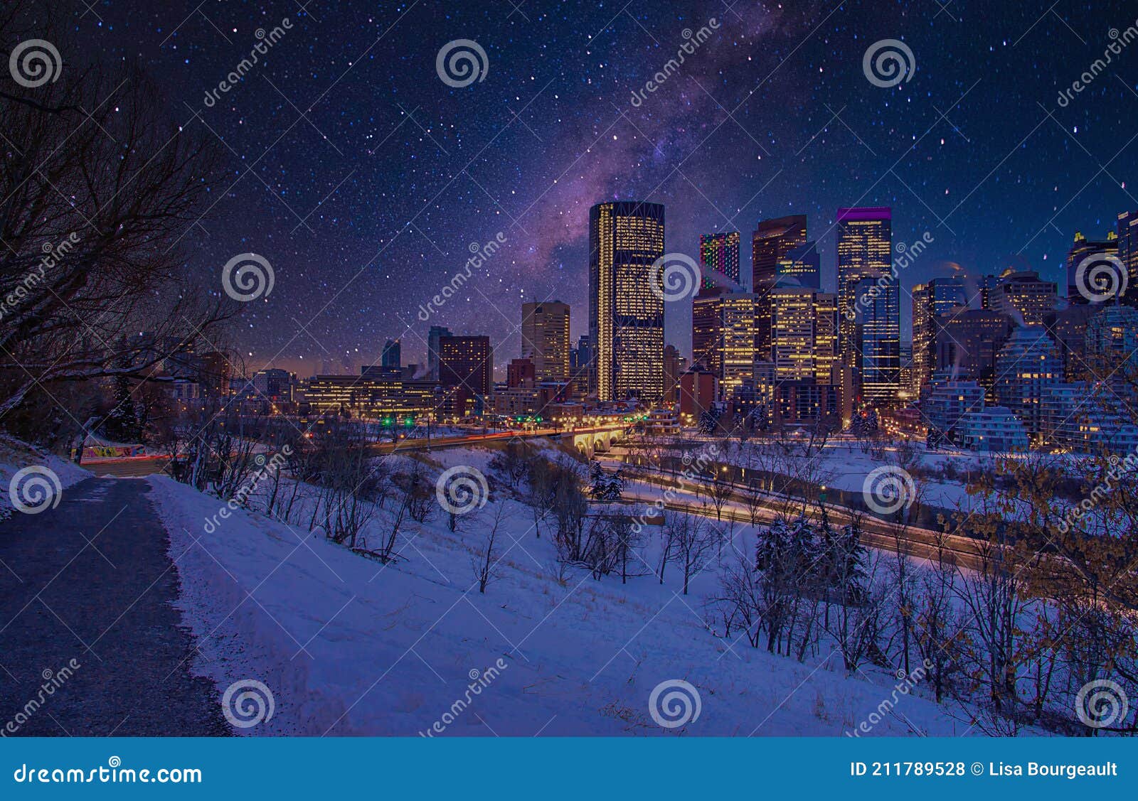 Starry Night Sky Over a Wintry Downtown Calgary Stock Photo - Image of ...