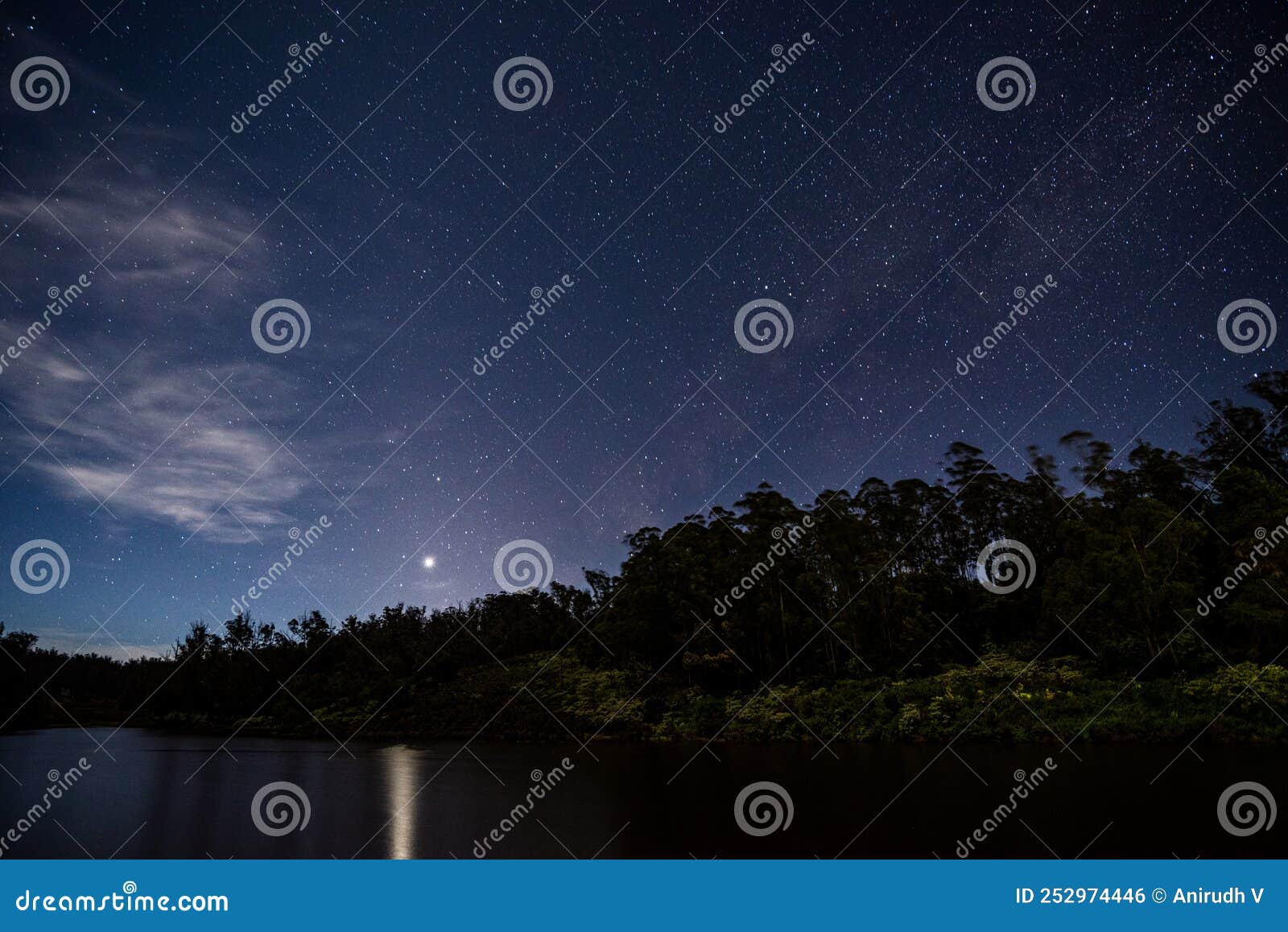 Starry Night Sky with Trees and River Stock Photo - Image of clouds ...