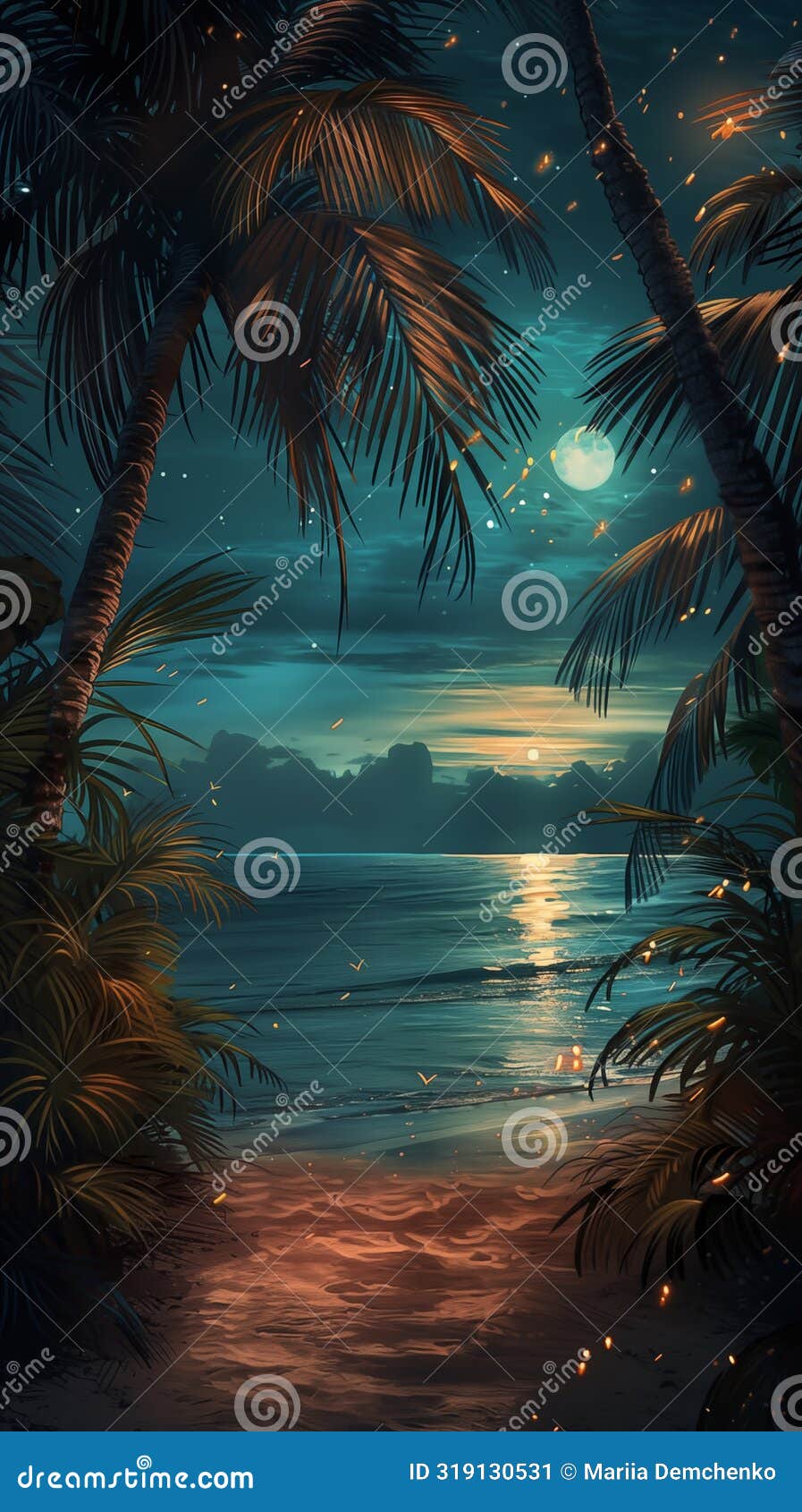 Starry Night Tropical Beach with Palm Trees, Crescent Moon, and Ocean ...