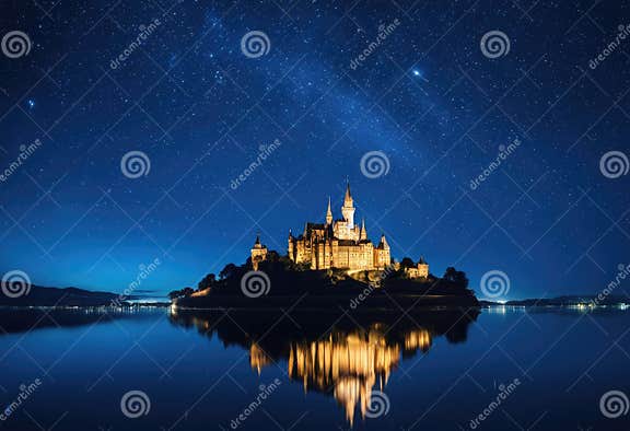A Starry Sky with a Floating Castle. Stock Illustration - Illustration ...