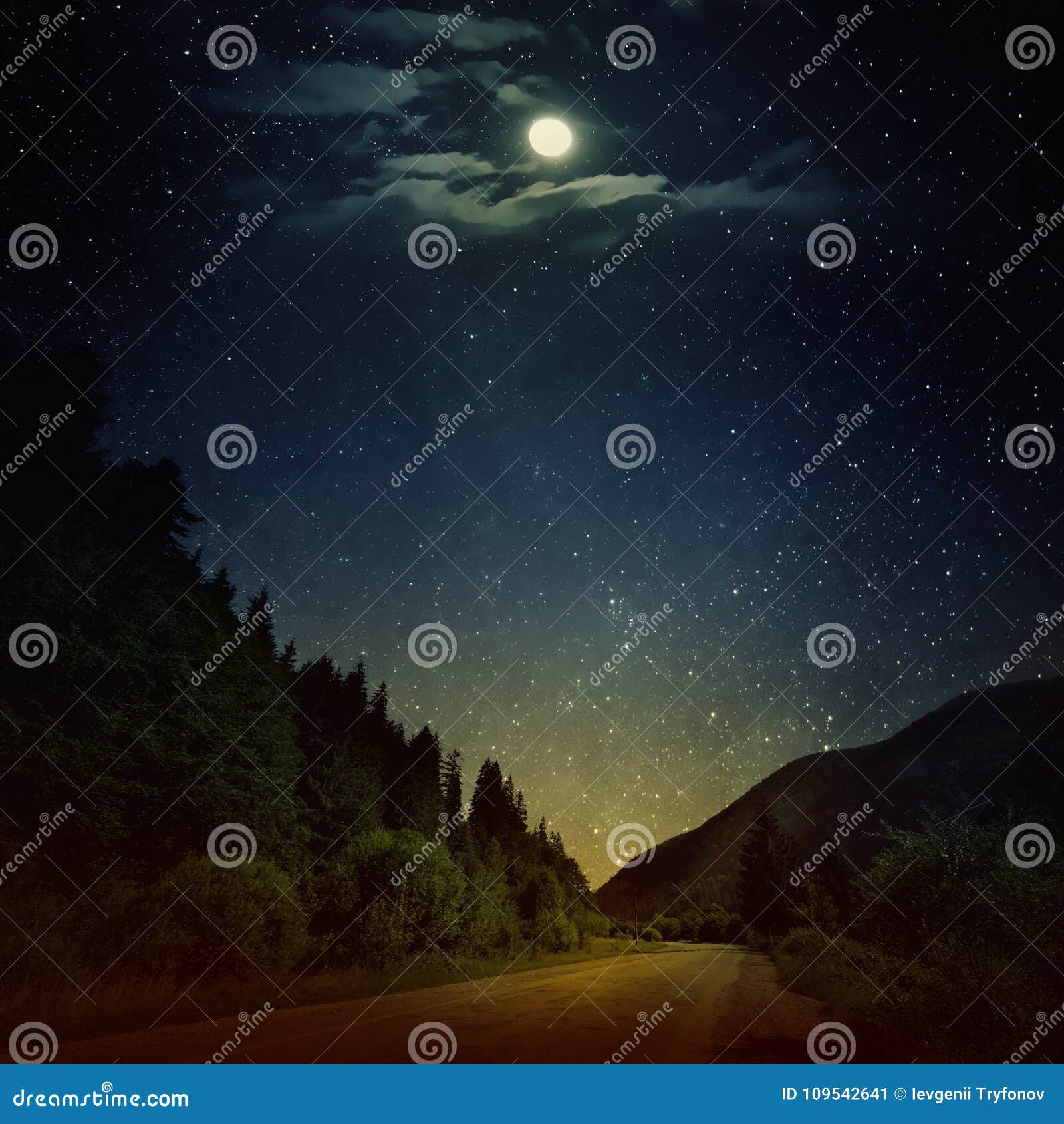 The Starry Sky, Moon and the Mountain Road by Night. Stock Image ...