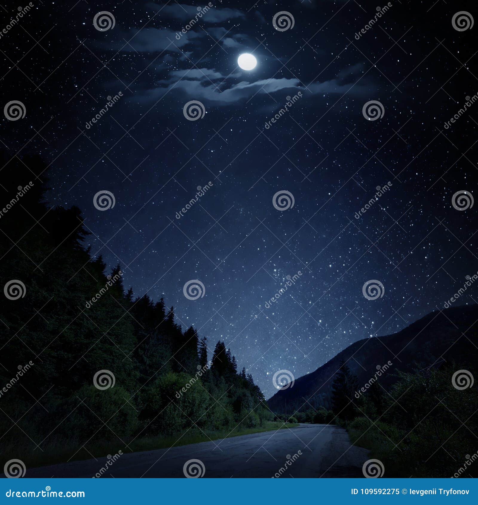 The Starry Sky, Moon and the Mountain Road by Night. Stock Image ...