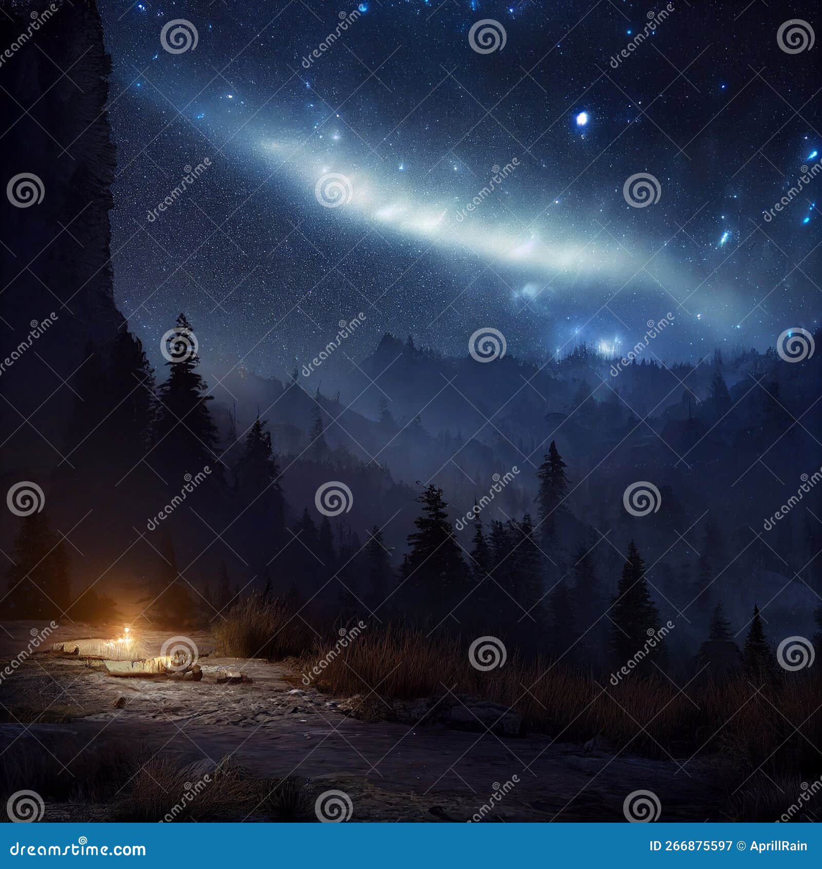 Starry sky over the forest stock illustration. Illustration of tree ...