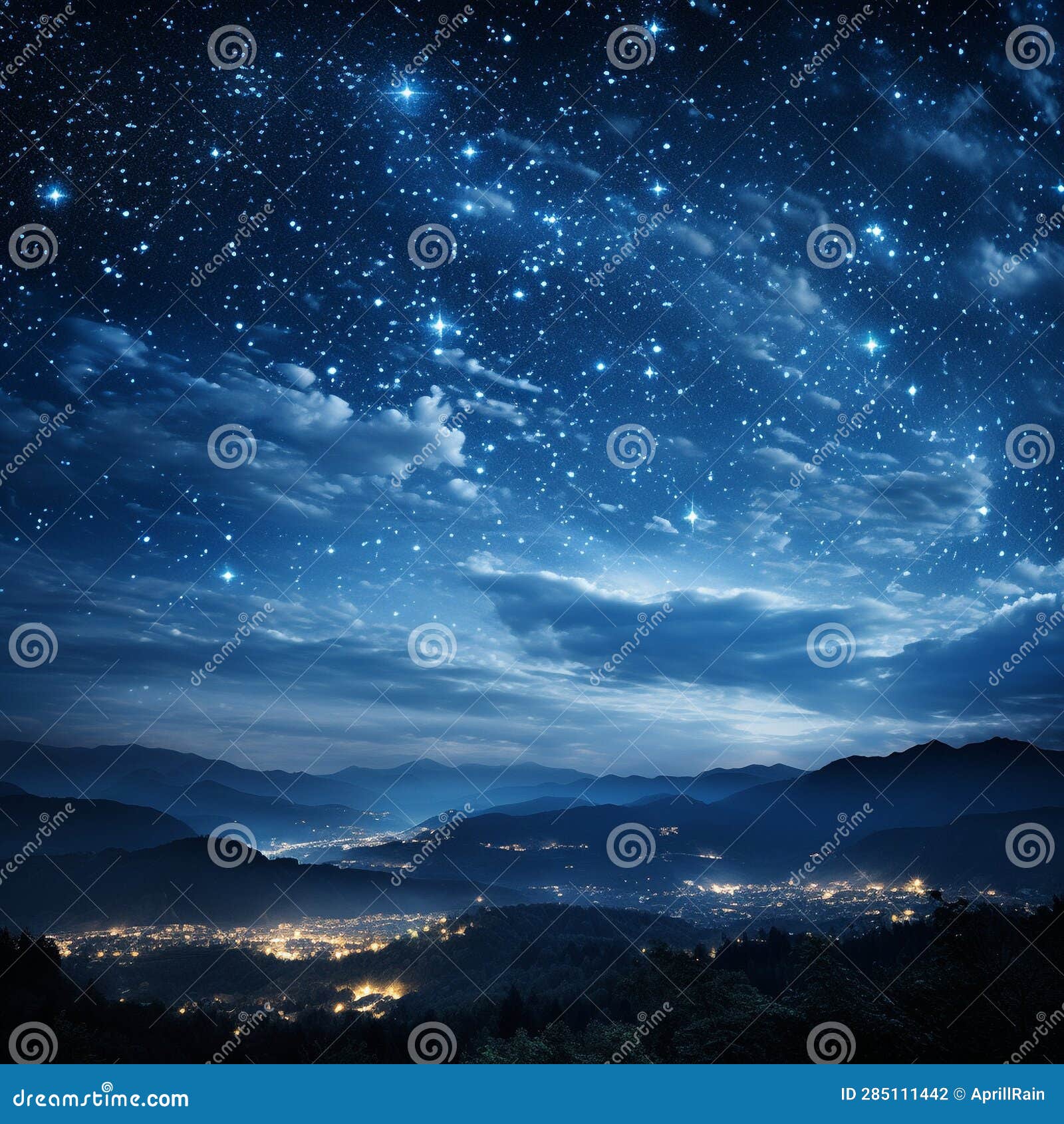 The Starry Sky Over the Night Town Stock Illustration - Illustration of ...