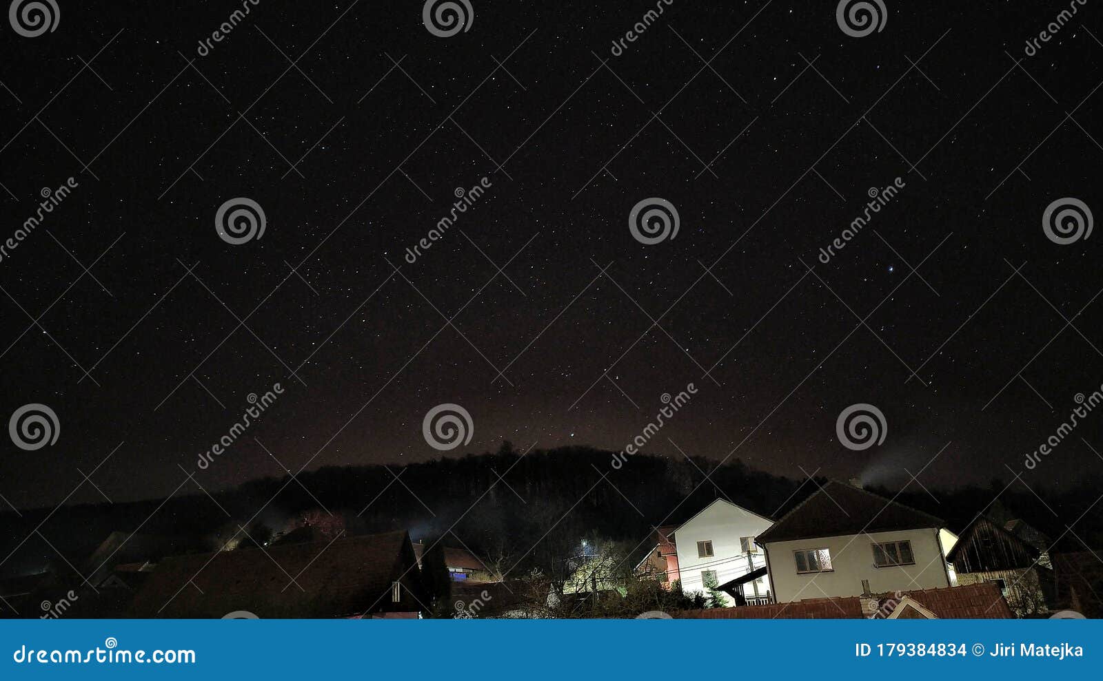 Starry Sky Over Night Village Stock Photo - Image of star, streetlight ...